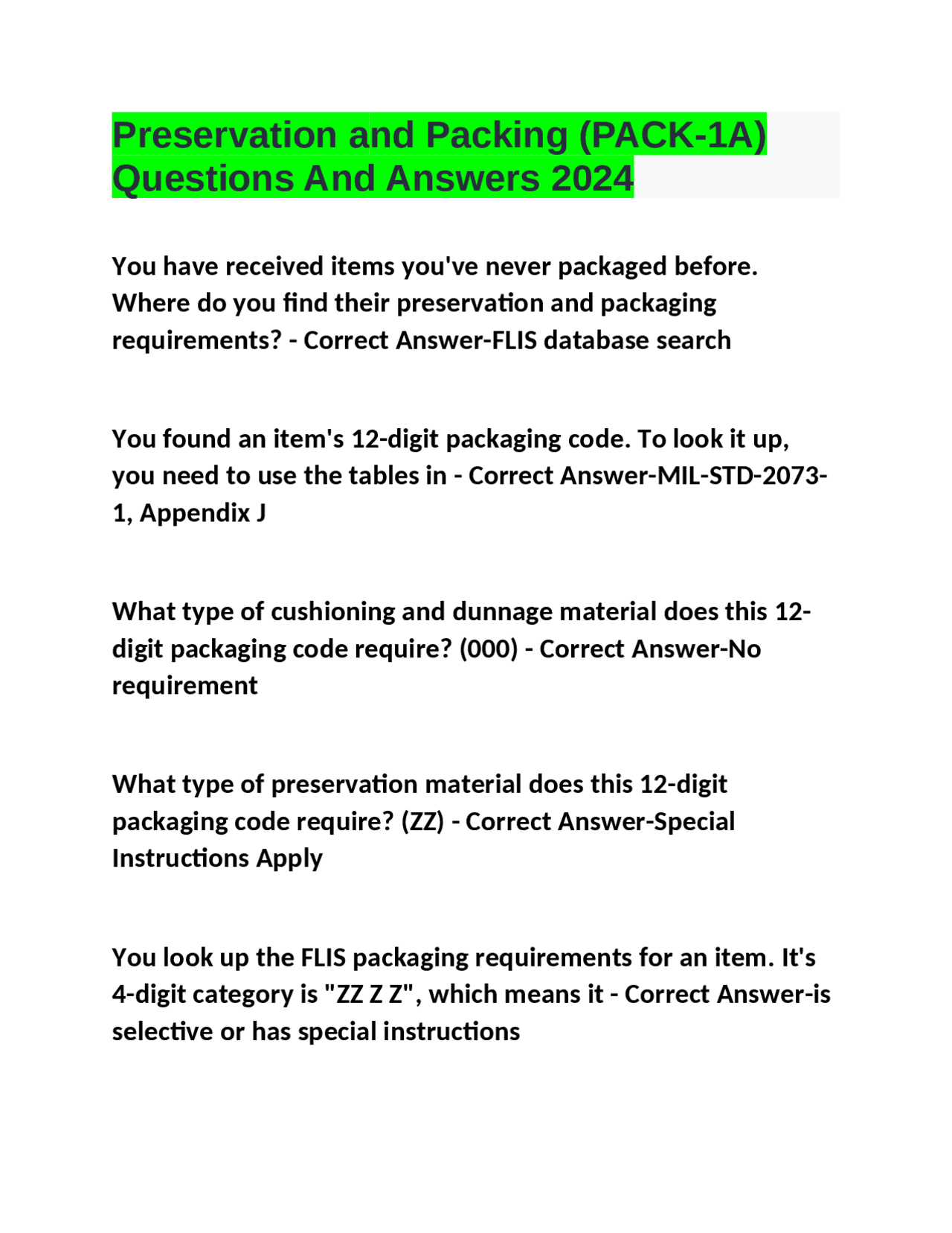 Preservation and Packing (PACK-1A) Questions And Answers 2024 | Exams ...