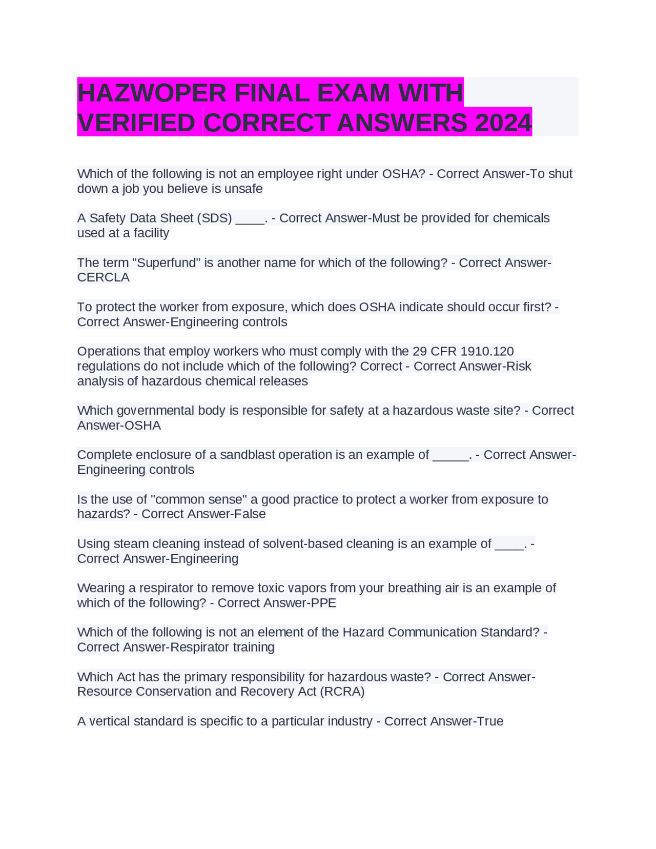 HAZWOPER FINAL EXAM WITH VERIFIED CORRECT ANSWERS 2024 | Exams Advanced ...