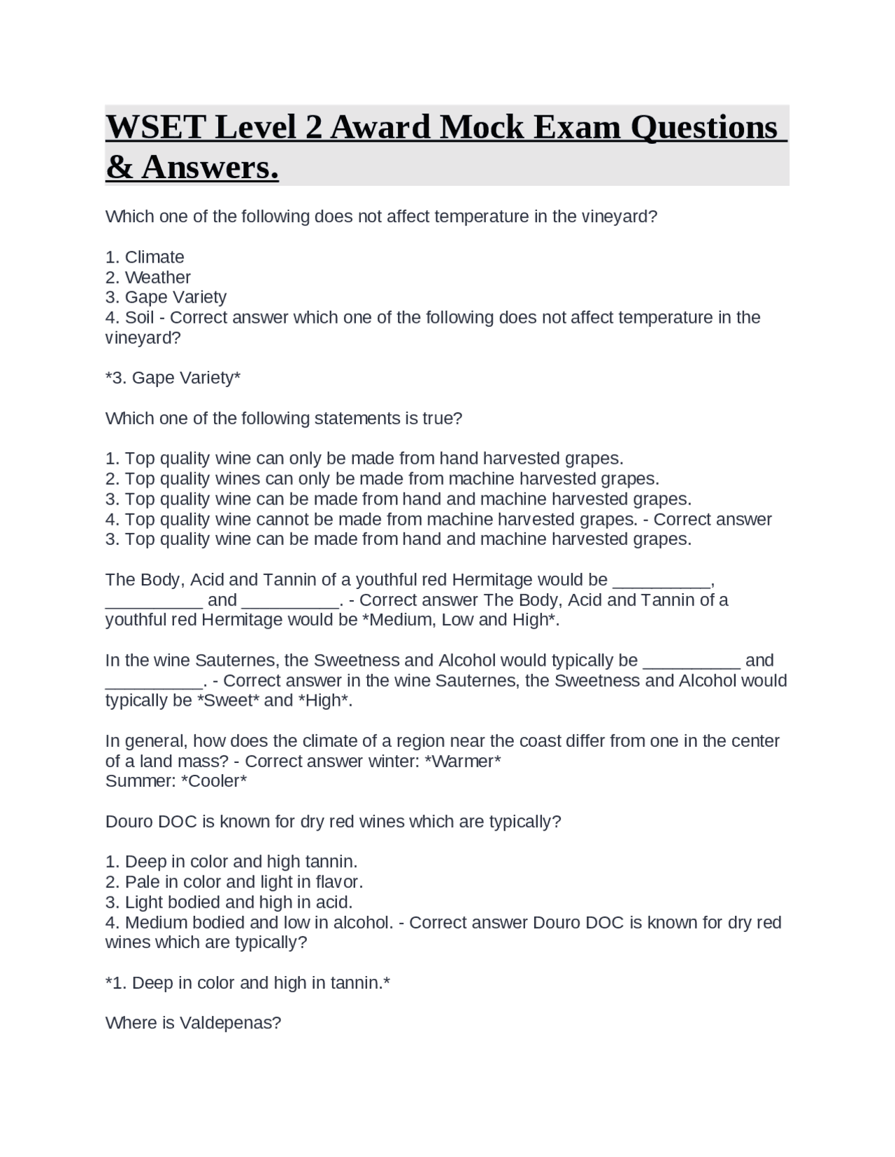 WSET Level 2 Award Mock Exam Questions & Answers. | Exams Marketing ...