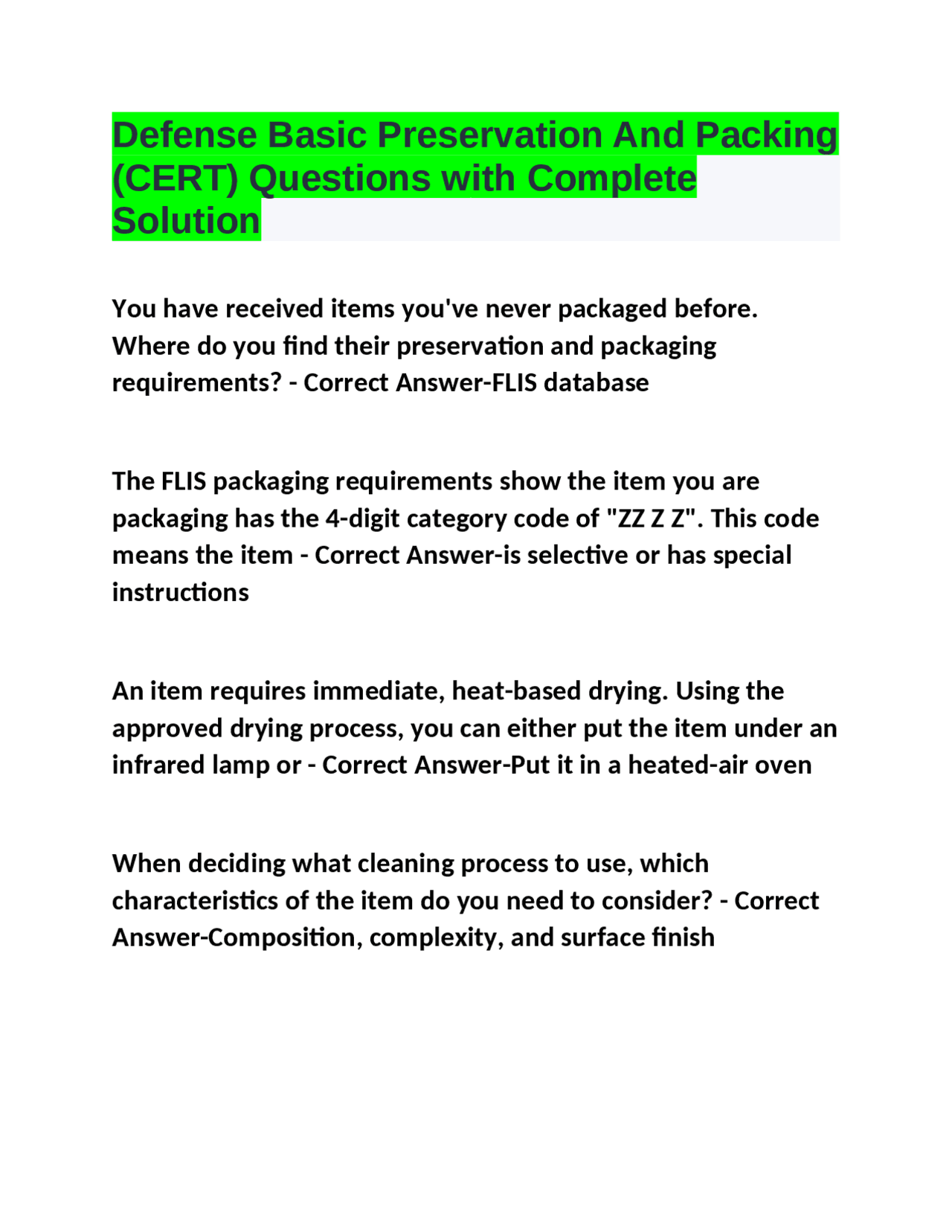 Defense Basic Preservation And Packing (CERT) Questions with Complete Solution | Exams Advanced ...