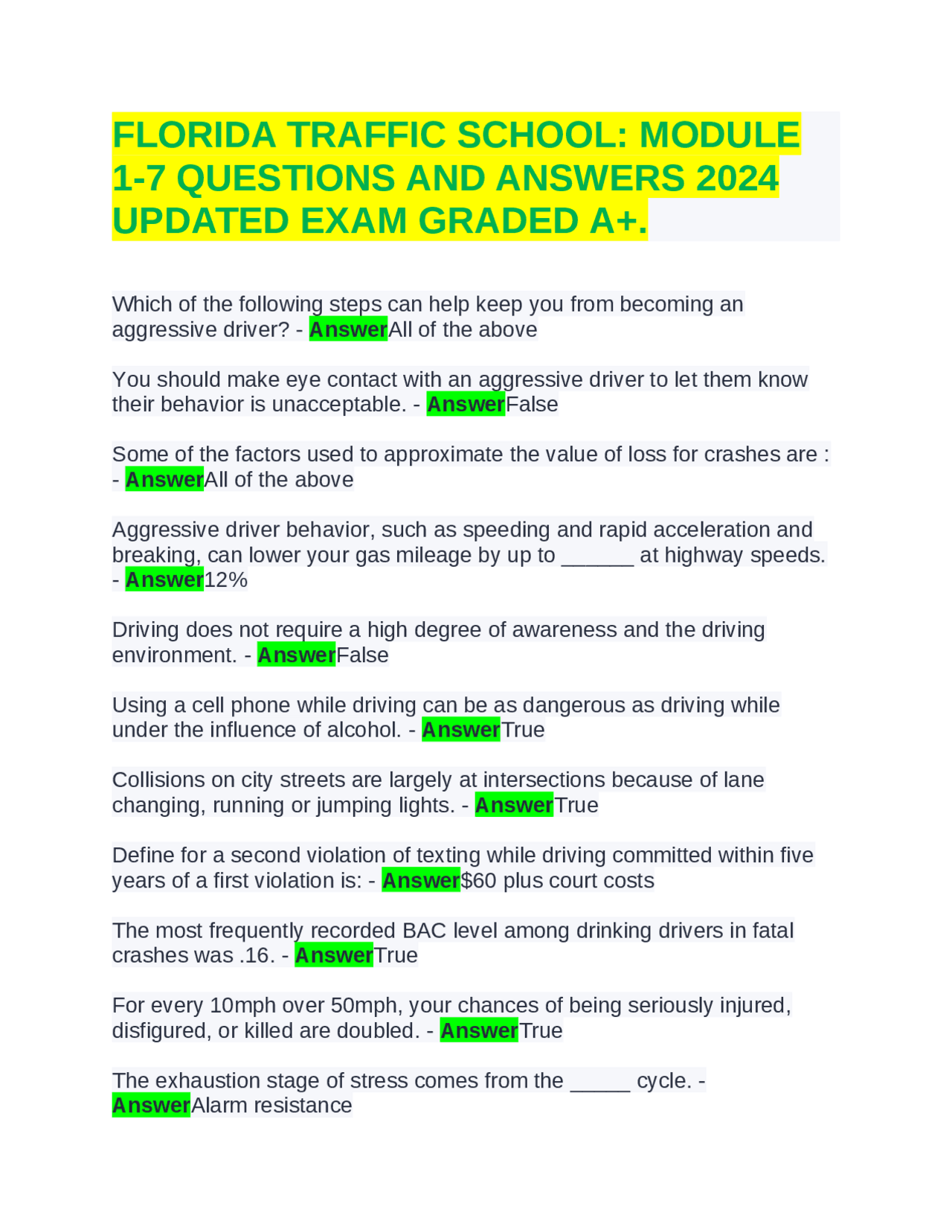 FLORIDA TRAFFIC SCHOOL: MODULE 1-7 QUESTIONS AND ANSWERS 2024 UPDATED ...