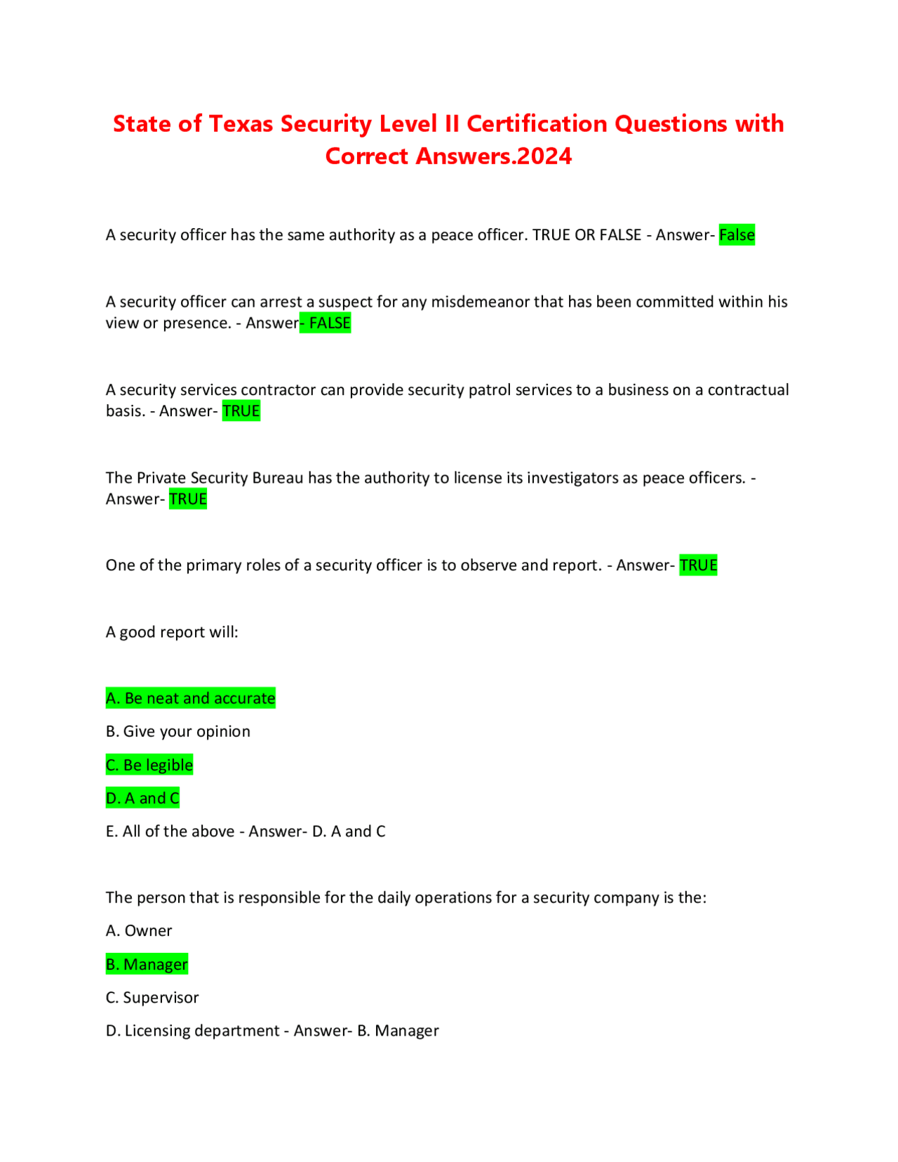 State of Texas Security Level II Certification Questions with Correct ...