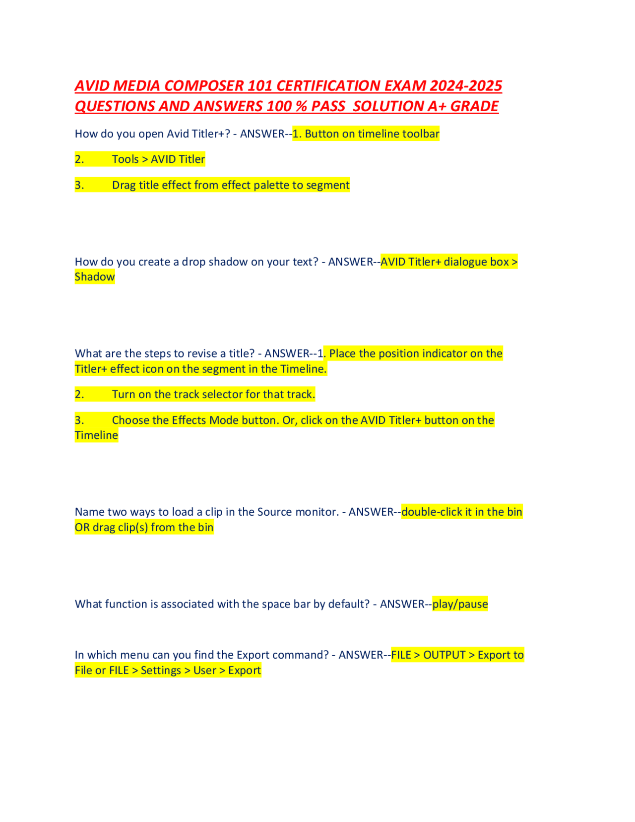 AVID MEDIA COMPOSER 101 CERTIFICATION EXAM 2024.pdf | Exams Public ...