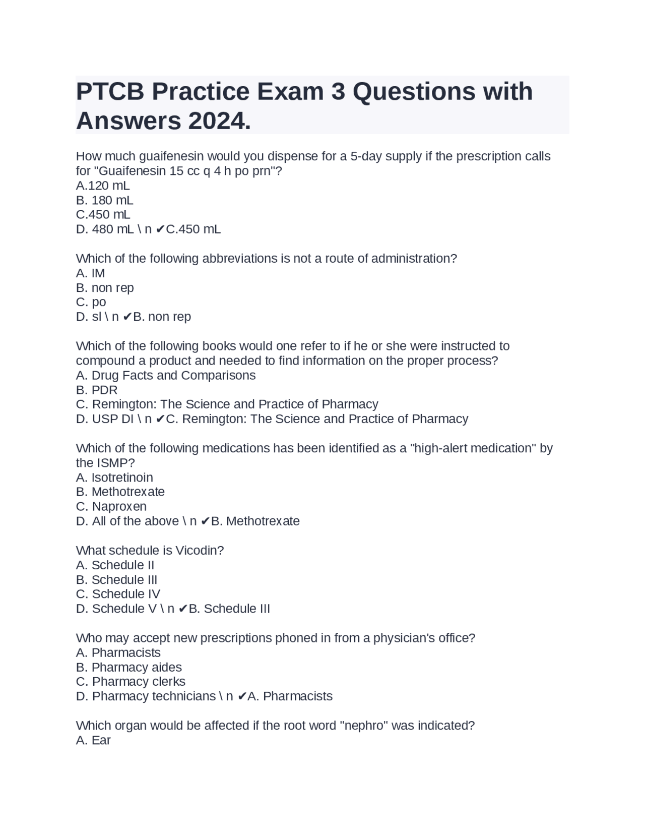 PTCB Practice Exam 3 Questions with Answers 2024. | Exams Medicine ...
