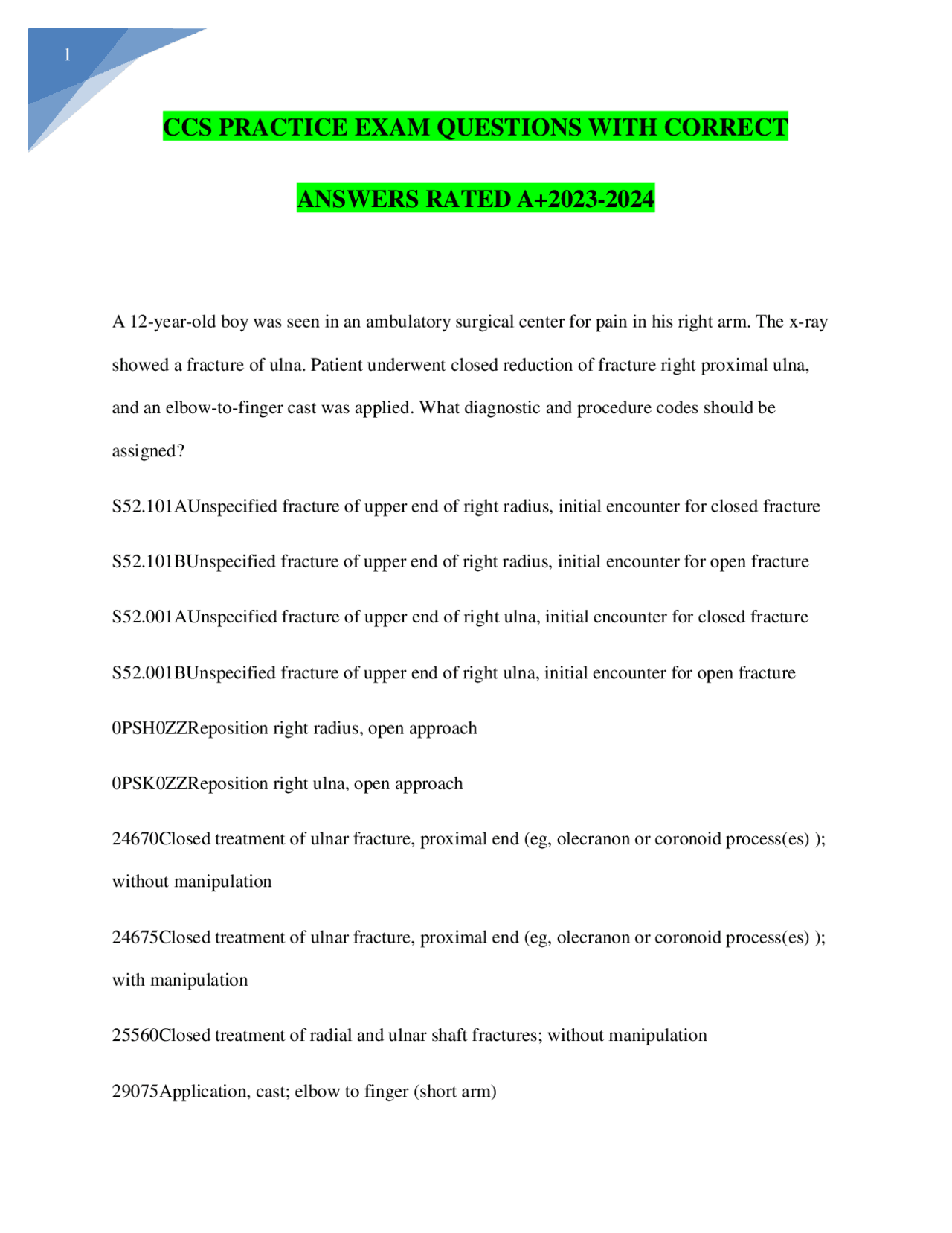 CCS PRACTICE EXAM QUESTIONS WITH CORRECT ANSWERS RATED A+2023-2024 GRADED A+ | Exams Nursing ...