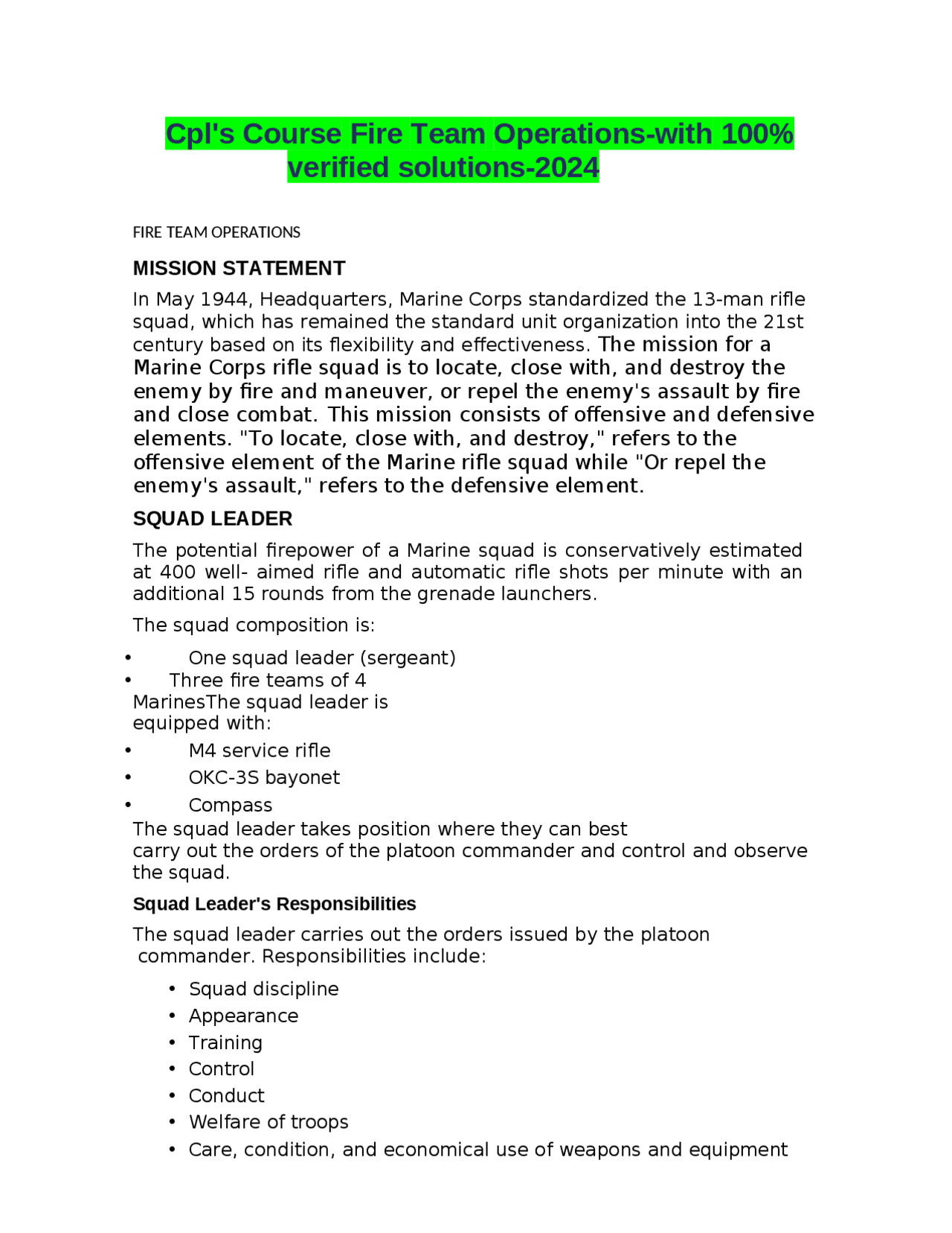 Cpl's Course Fire Team Operations-with 100% verified solutions-2024 ...