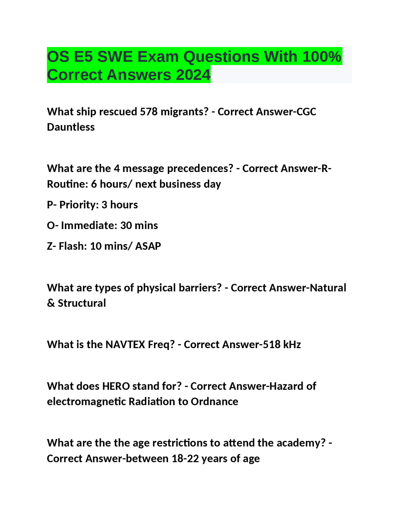 OS E5 SWE Exam Questions With 100% Correct Answers 2024 | Exams ...