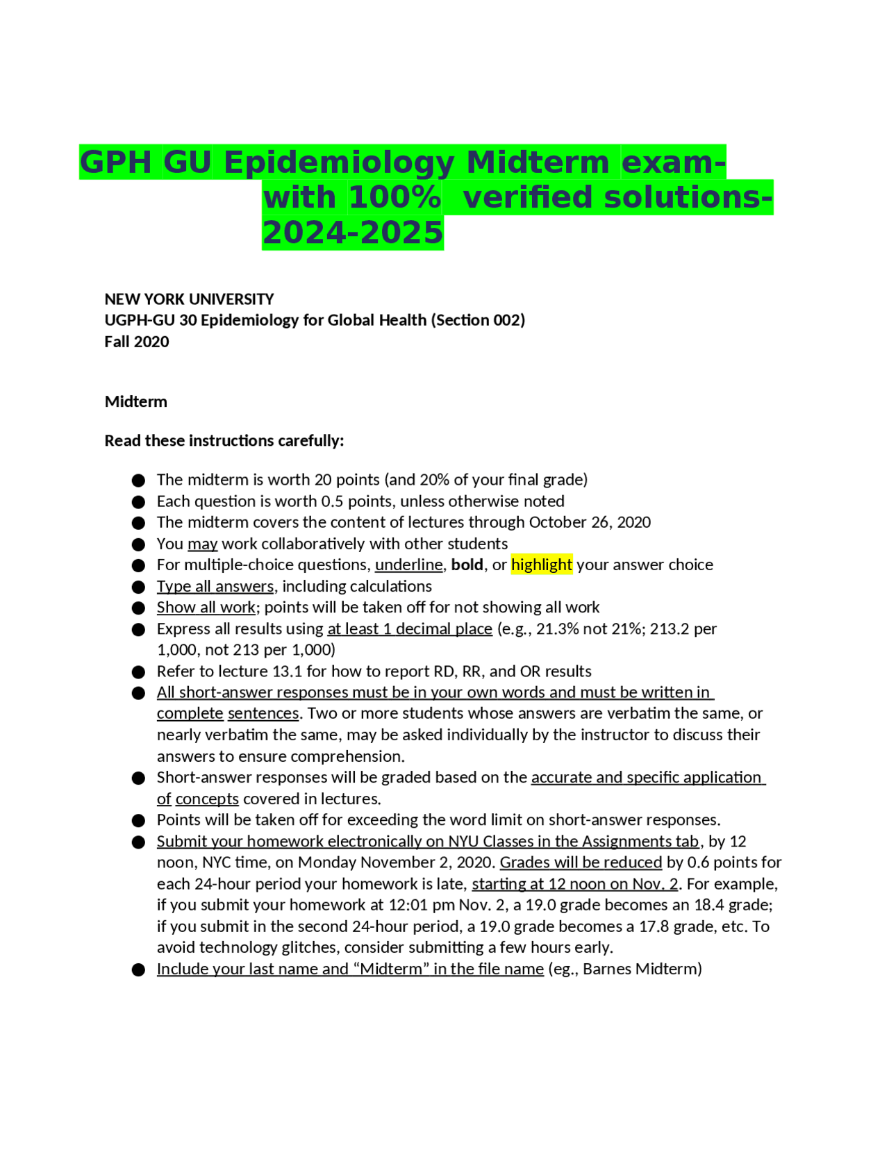 GPH GU Epidemiology Midterm exam-with 100% verified solutions-2024-2025 ...