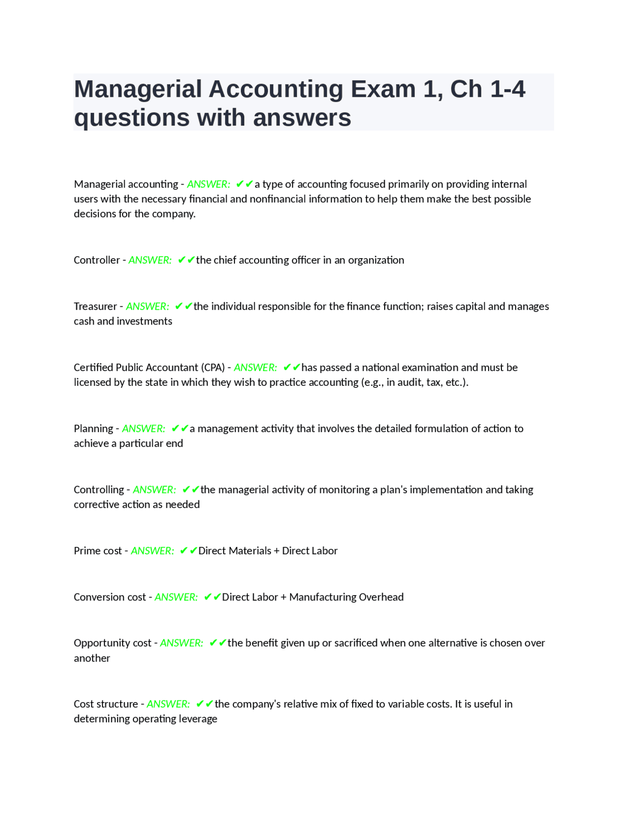 Managerial Accounting Exam 1, Ch 1-4 questions with answers. | Exams ...