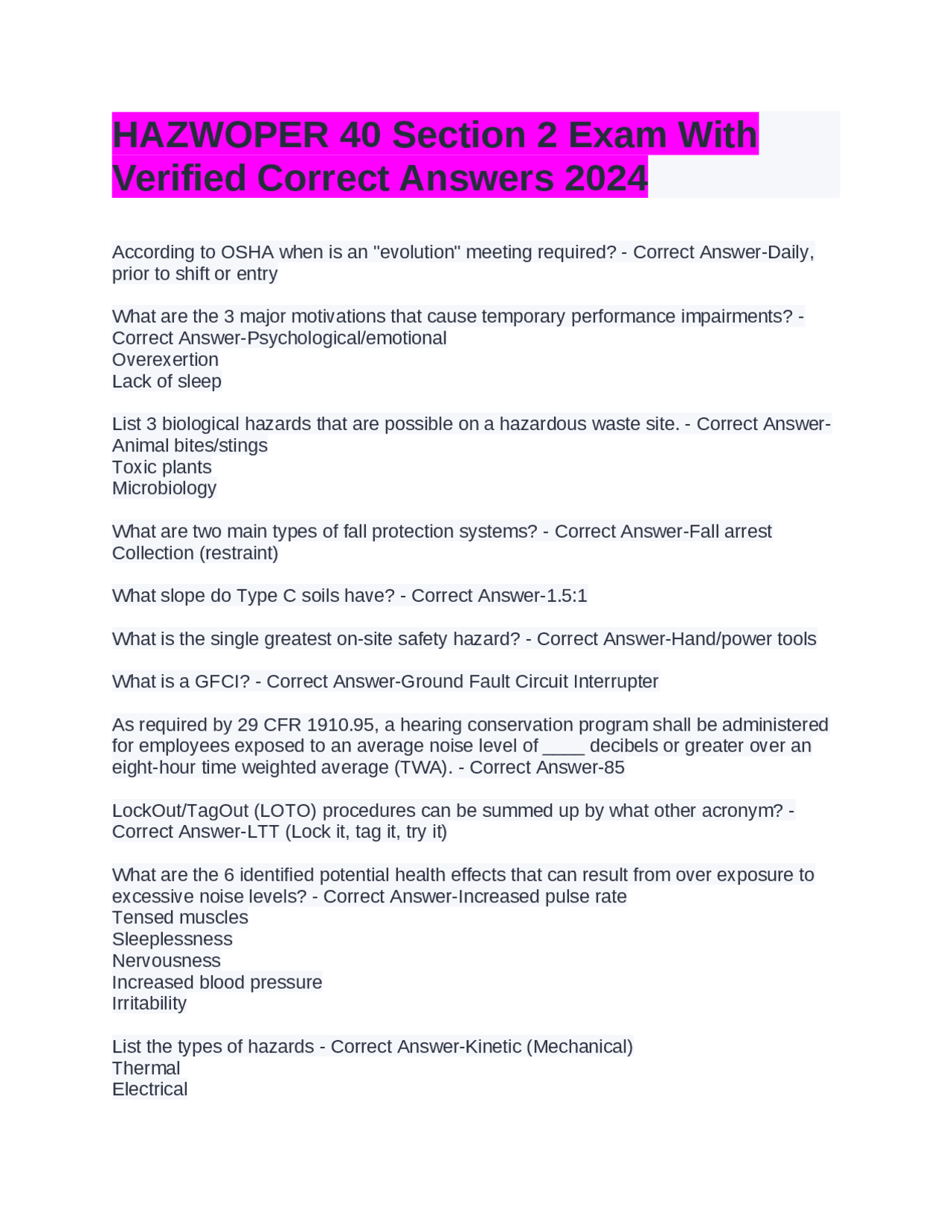 HAZWOPER 40 Section 2 Exam With Verified Correct Answers 2024 | Exams ...