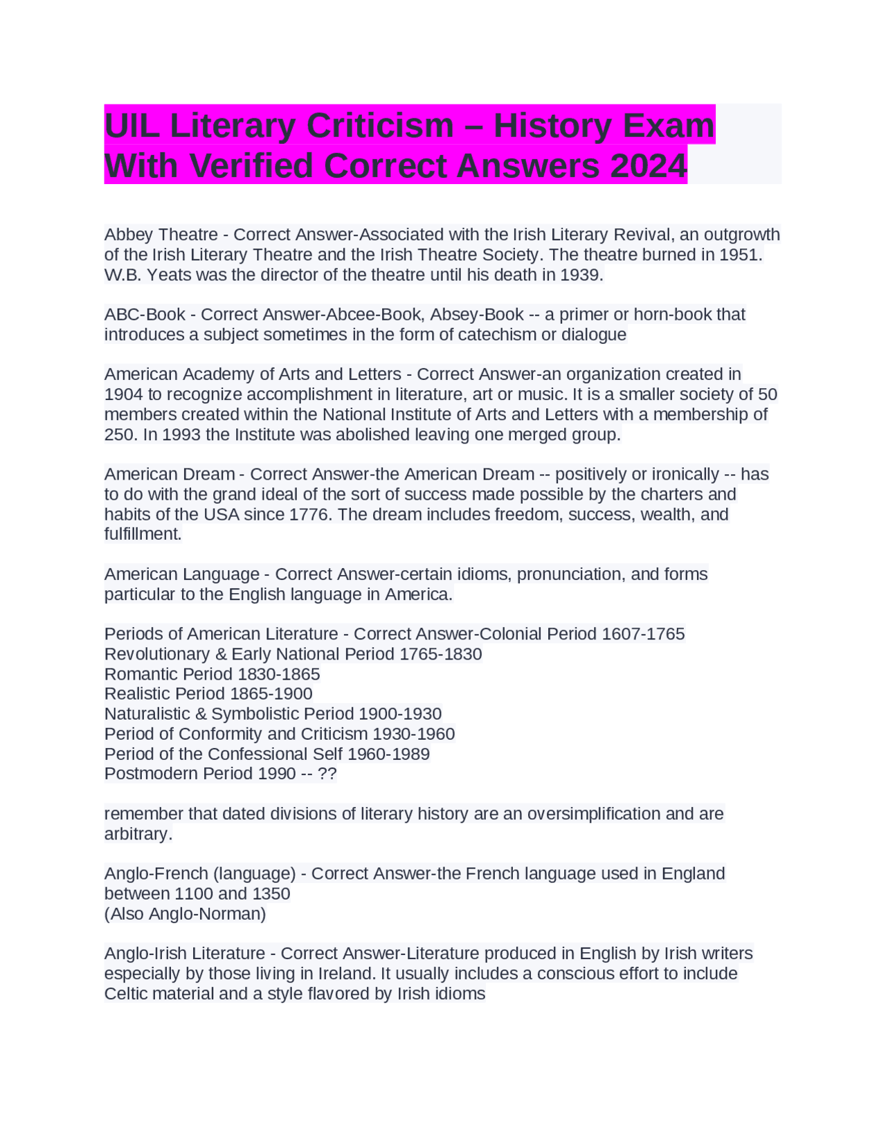 UIL Literary Criticism – History Exam With Verified Correct Answers ...