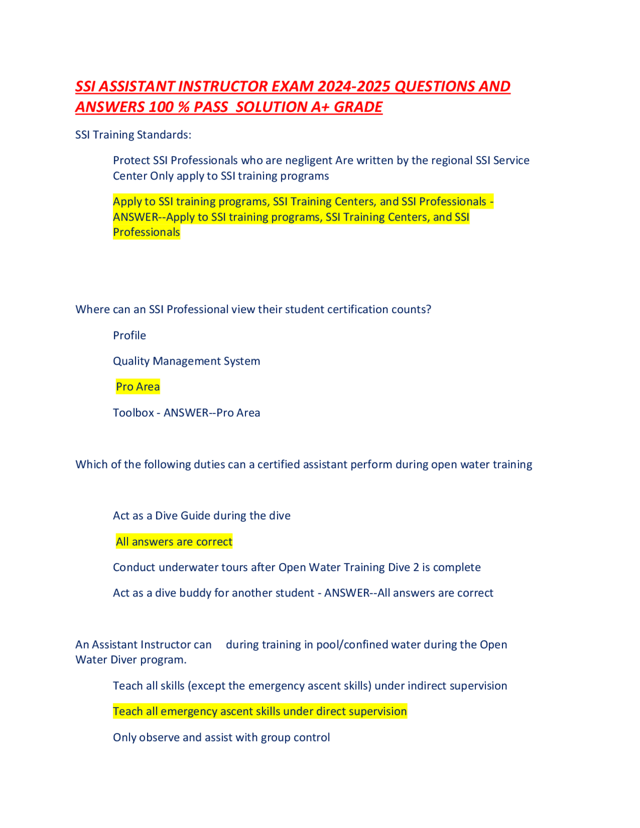SSI ASSISTANT INSTRUCTOR EXAM 2024-2025 QUESTIONS AND ANSWERS 100 % ...