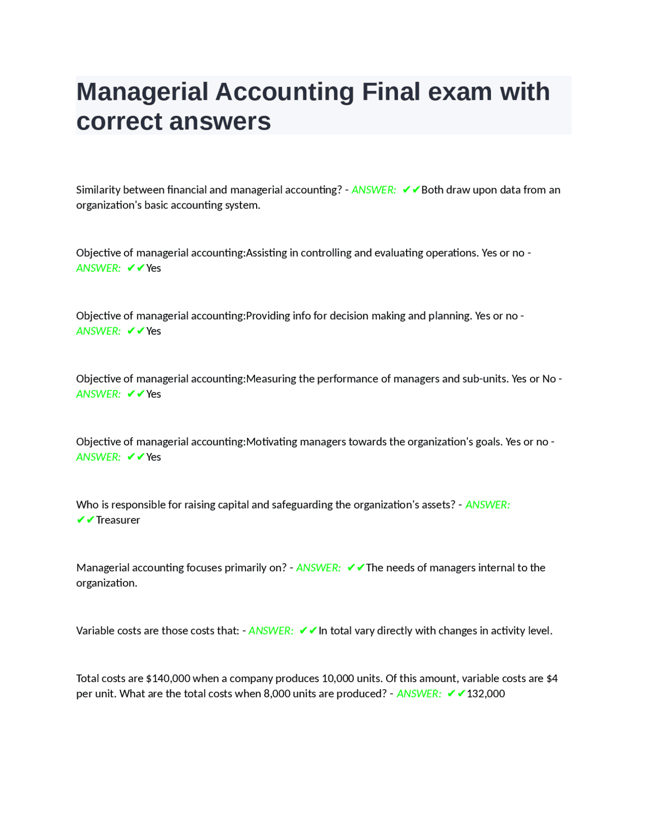 Managerial Accounting Final exam with correct answers. | Exams ...
