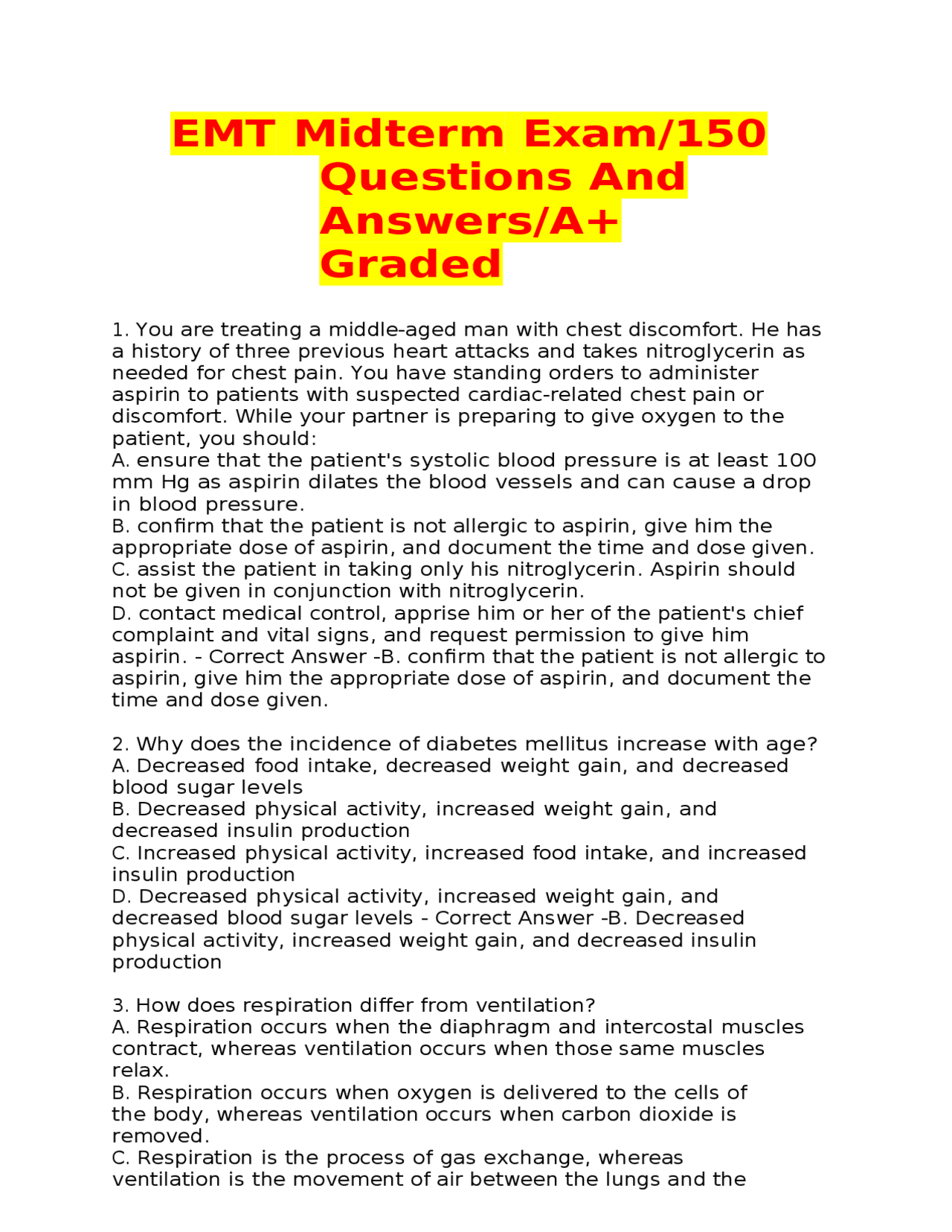 EMT Midterm Exam/150 Questions And Answers/A+ Graded | Study notes ... EMT Midterm Exam/150 Questions And Answers/A+ Graded | Study notes ...