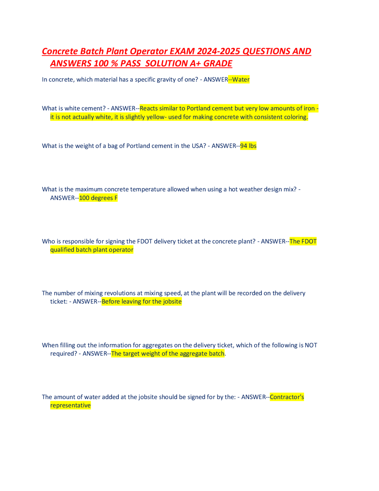 Concrete Batch Plant Operator EXAM 2024.pdf | Exams Public Health | Docsity