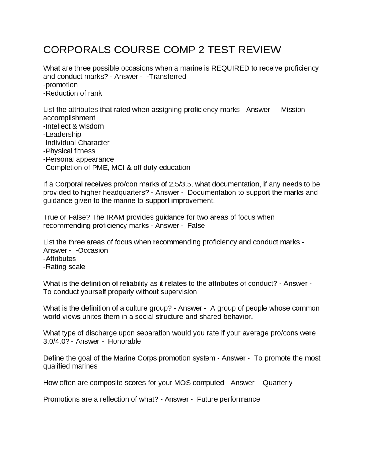 CORPORALS COURSE COMP 2 TEST REVIEW | Exams Nursing | Docsity