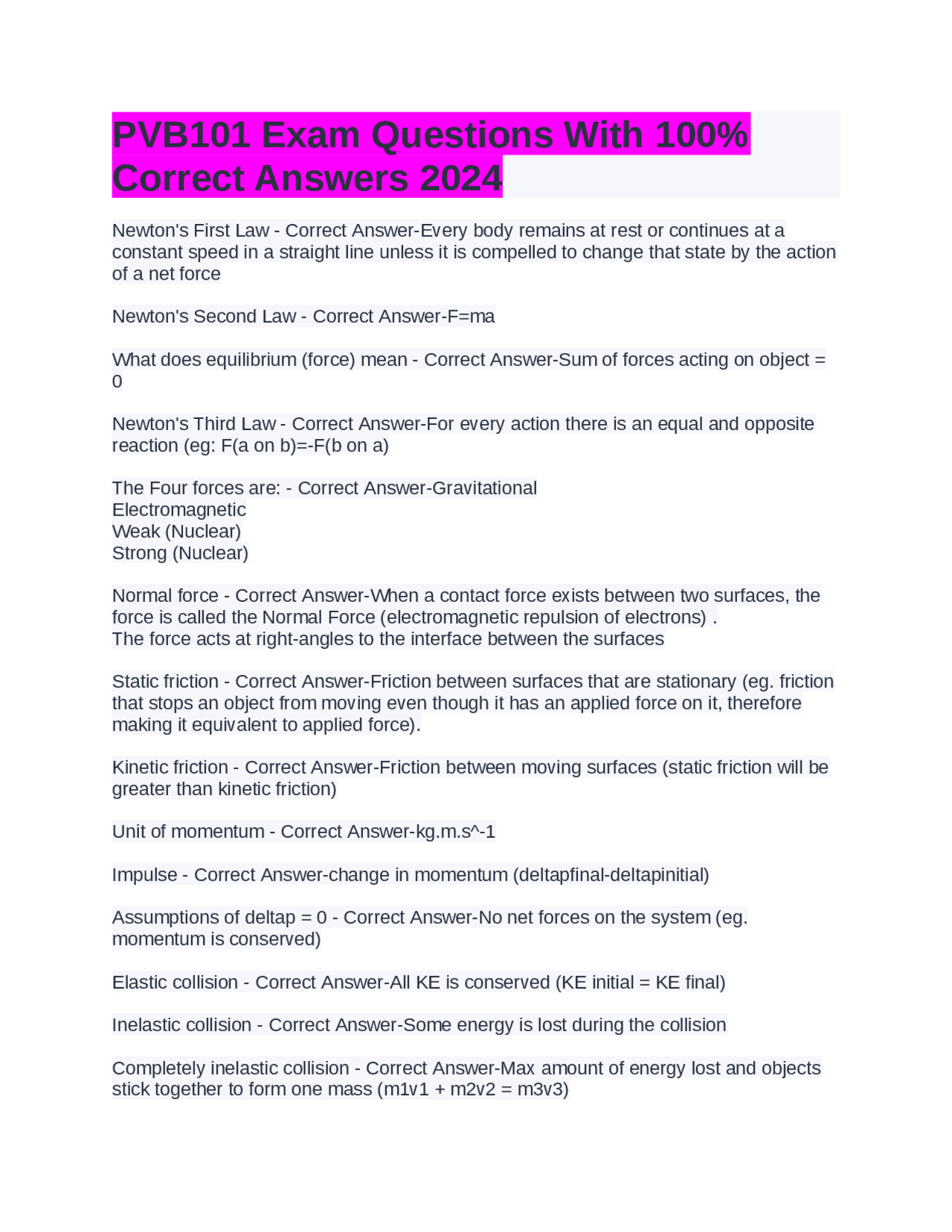 PVB101 Exam Questions With 100% Correct Answers 2024 | Exams Advanced Education | Docsity