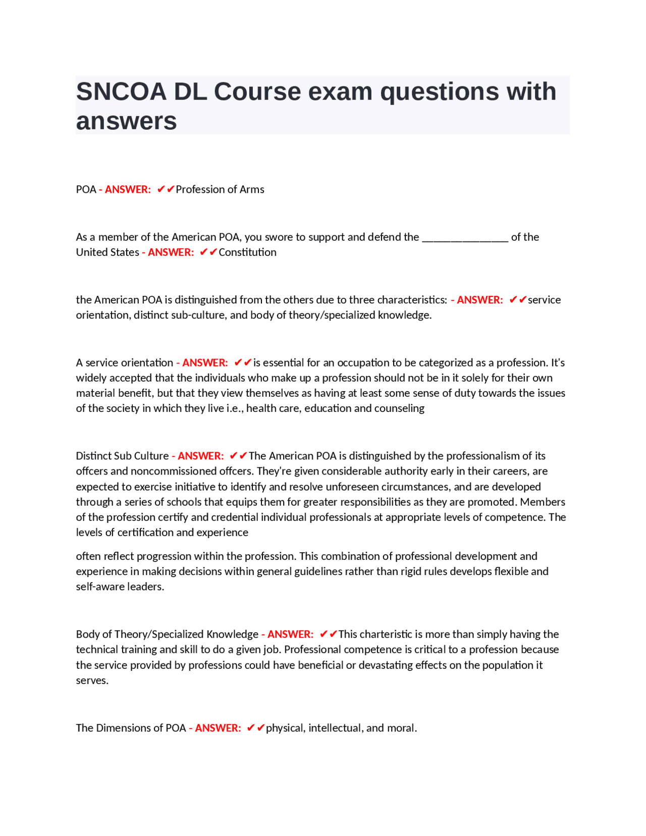 SNCOA DL Course exam questions with answers | Exams Nursing | Docsity