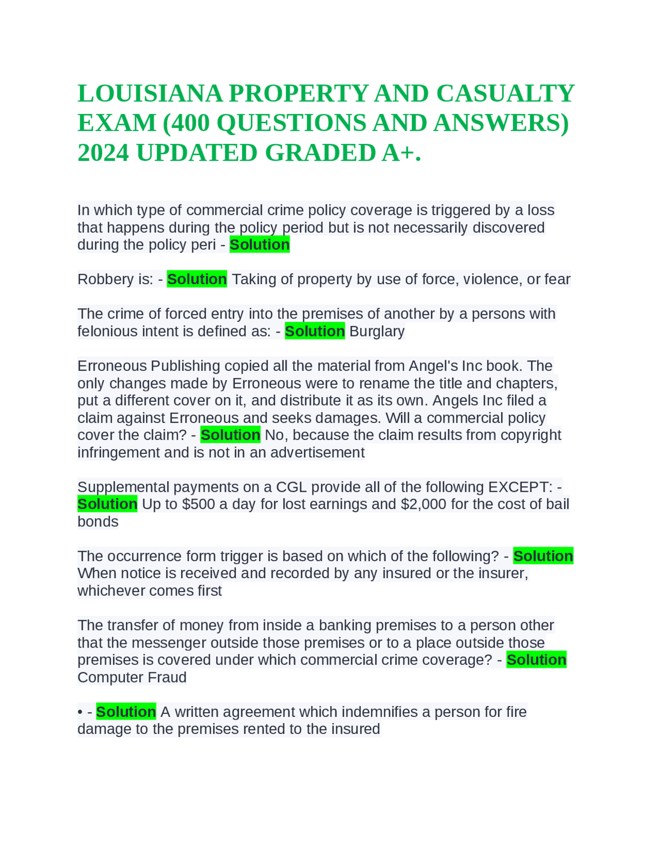 LOUISIANA PROPERTY AND CASUALTY EXAM (400 QUESTIONS AND ANSWERS) 2024 ...