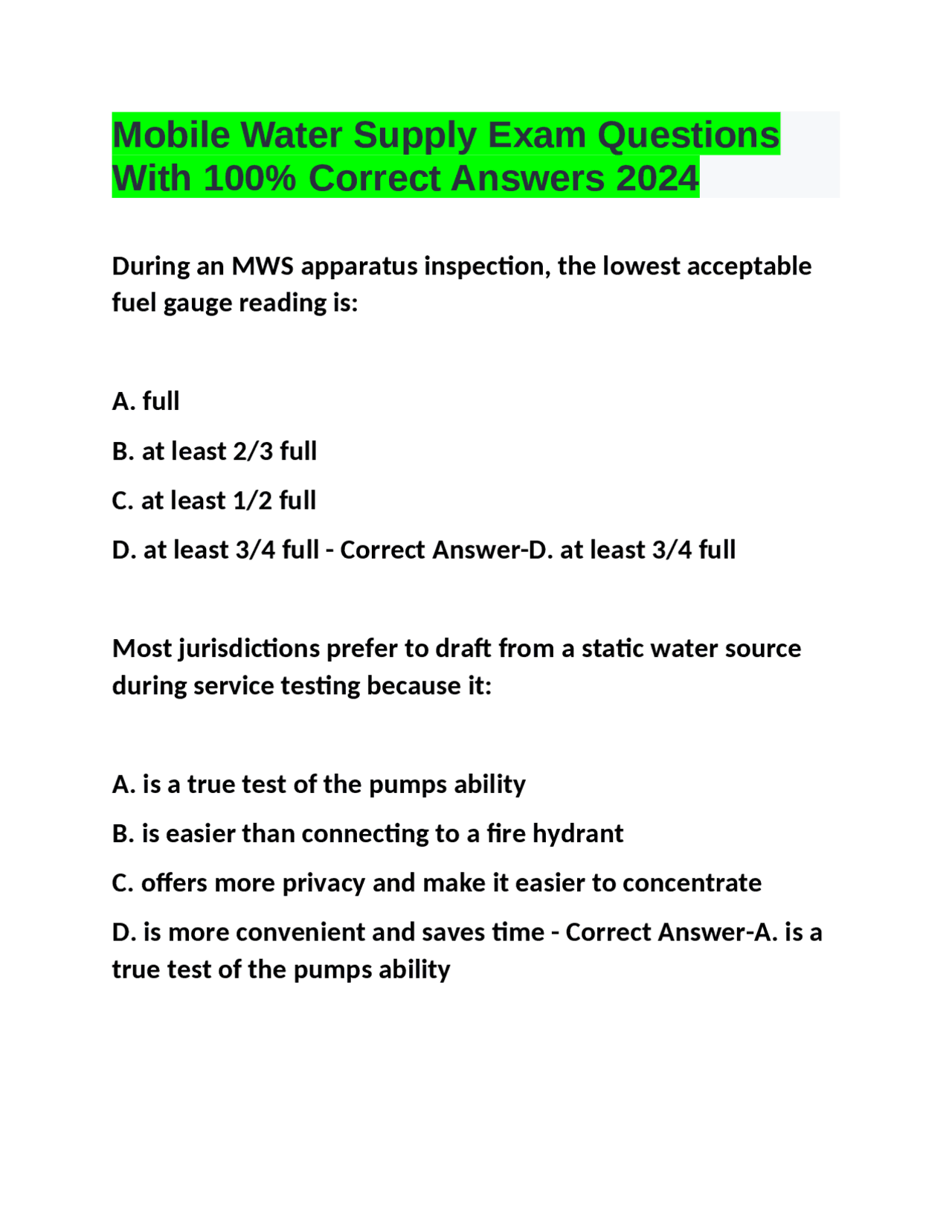 Mobile Water Supply Exam Questions With 100% Correct Answers 2024 ...