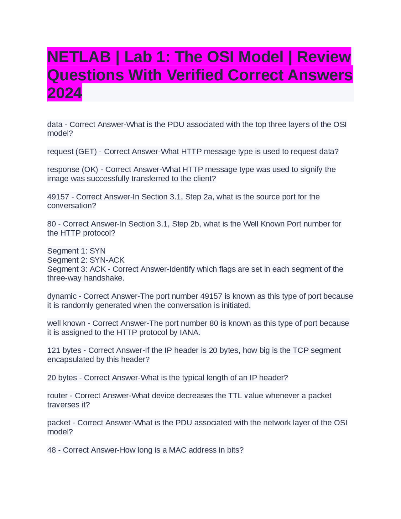 Netlab Lab 1 The Osi Model Review Questions With Verified Correct Answers 2024 Exams 6706