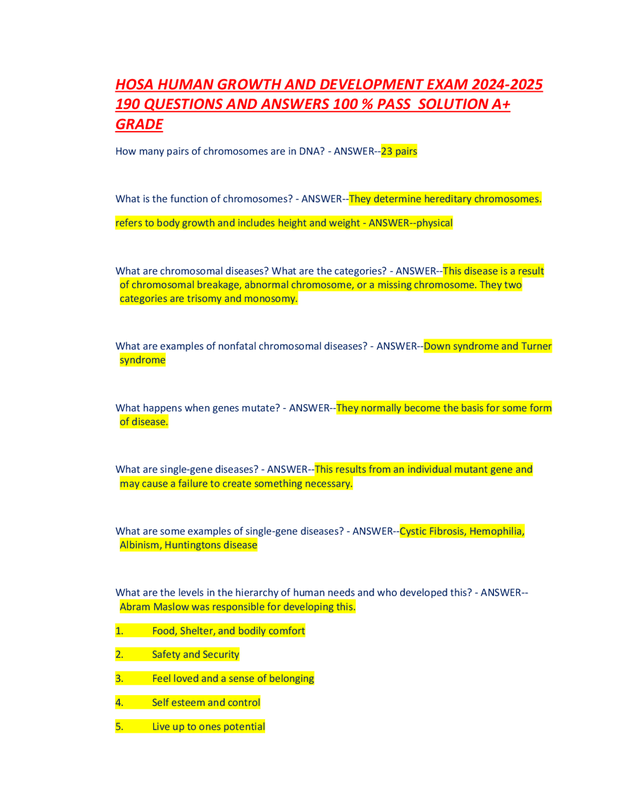 HOSA HUMAN GROWTH AND DEVELOPMENT EXAM 2024.pdf | Exams Public Health | Docsity