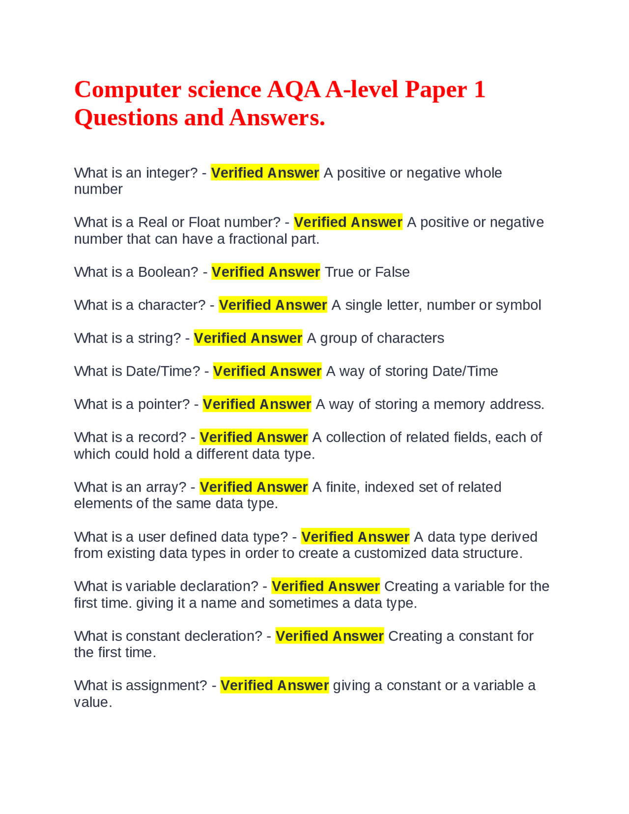Computer science AQA A-level Paper 1 Questions and Answers. | Exams Computer Science | Docsity