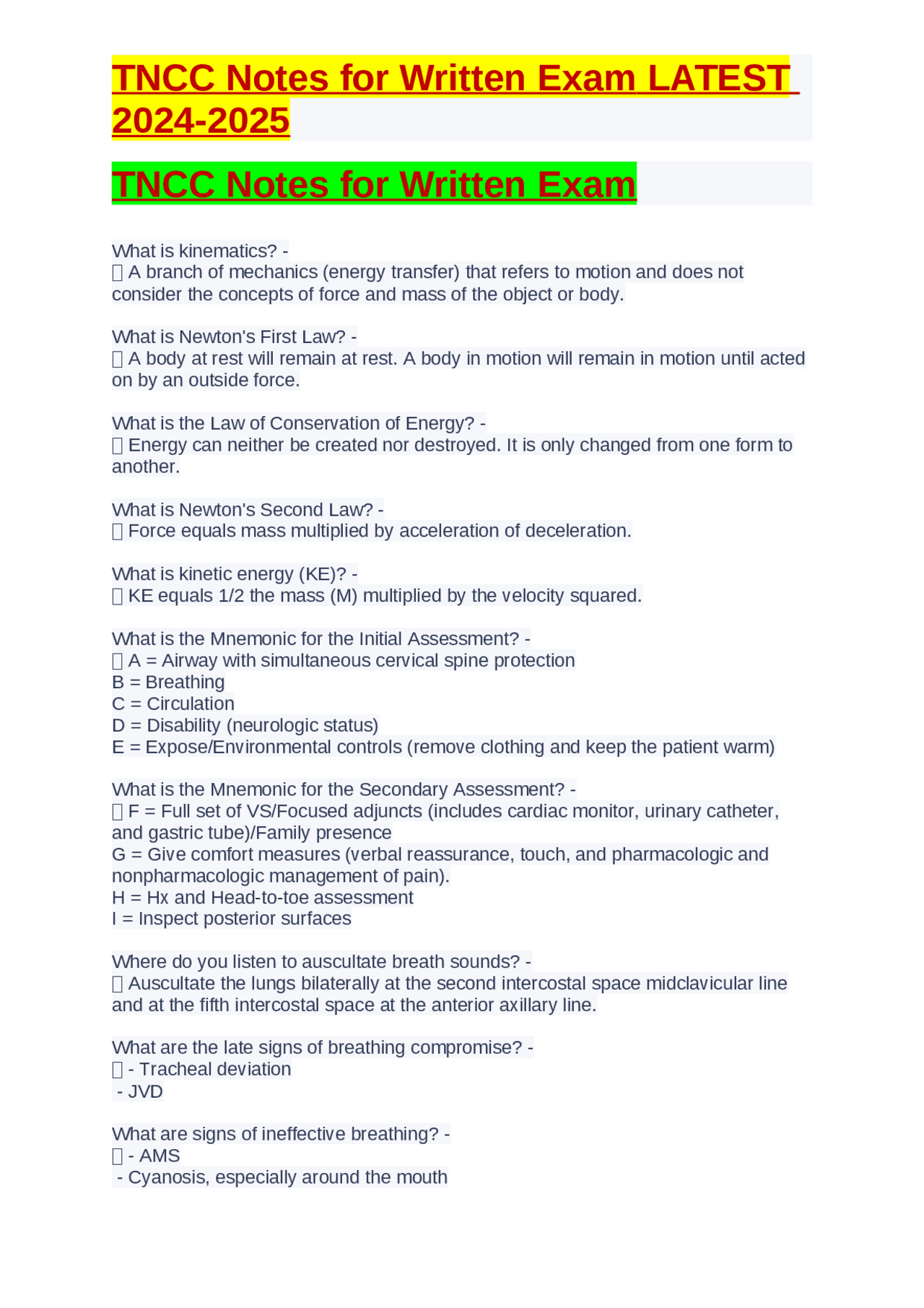 TNCC Notes for Written Exam LATEST 2024-2025.docx | Exams Nursing | Docsity