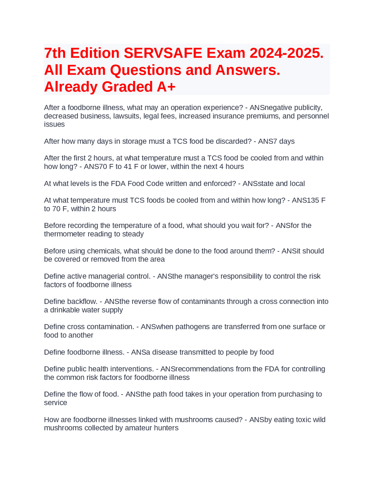 7th Edition SERVSAFE Exam 2024-2025. All Exam Questions and Answers. Already Graded A+ | Exams ...