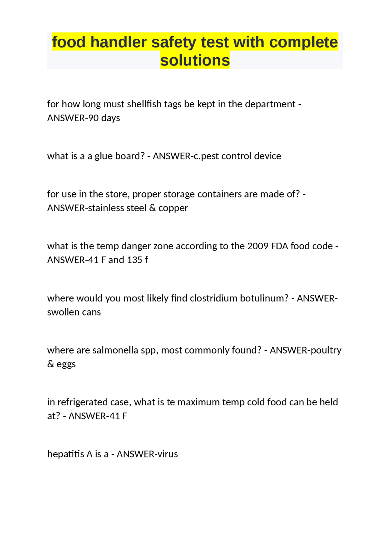 Servsafe Food Handler Practice test with correct answers | Exams Food ...