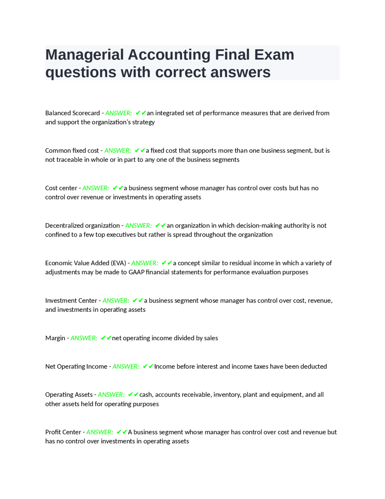 Managerial Accounting Final Exam questions with correct answers | Exams ...