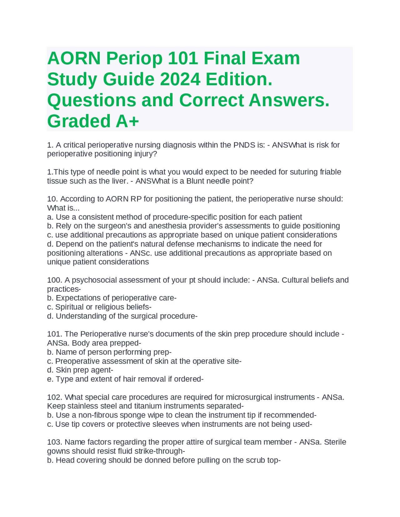 AORN Periop 101 Final Exam Study Guide 2024 Edition. Questions ...