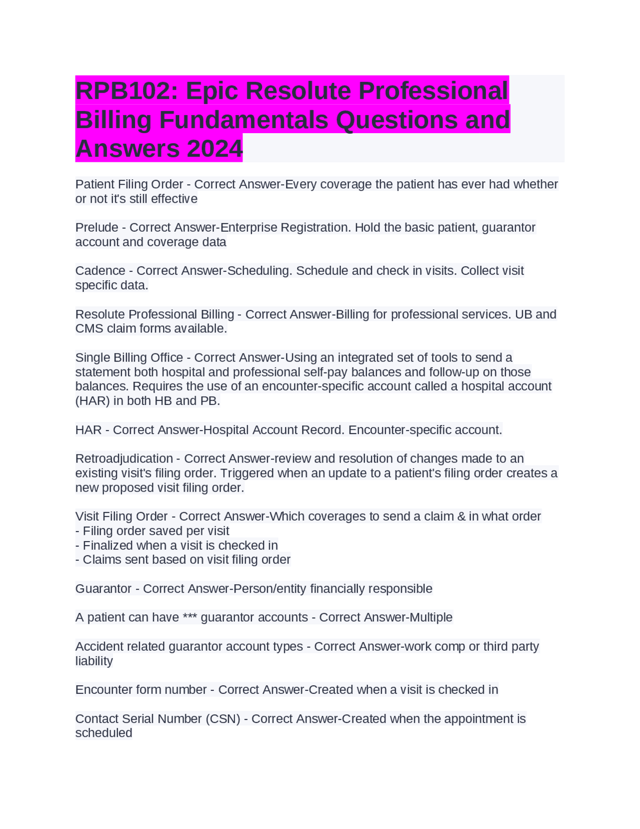 RPB102: Epic Resolute Professional Billing Fundamentals Questions and ...