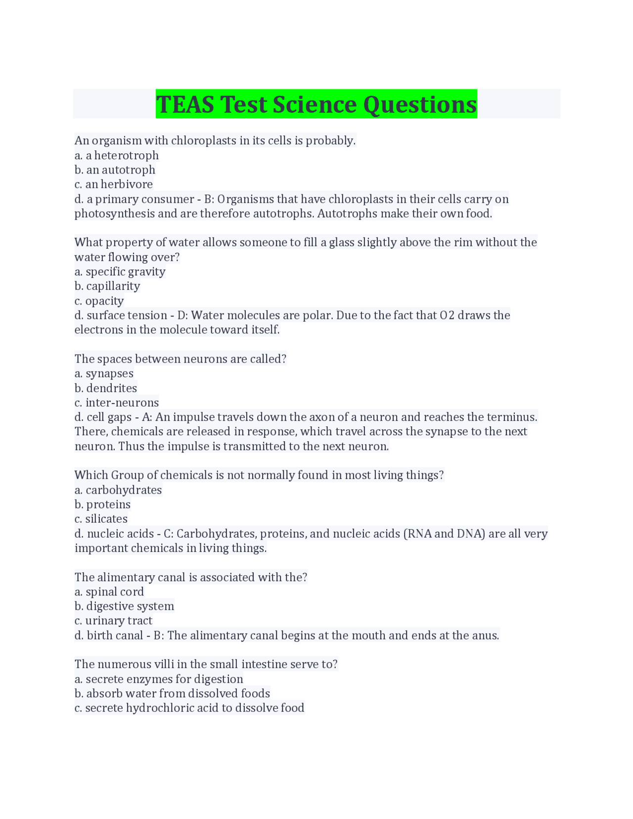 TEAS Test Science Questions And Answers | Exams Health sciences | Docsity