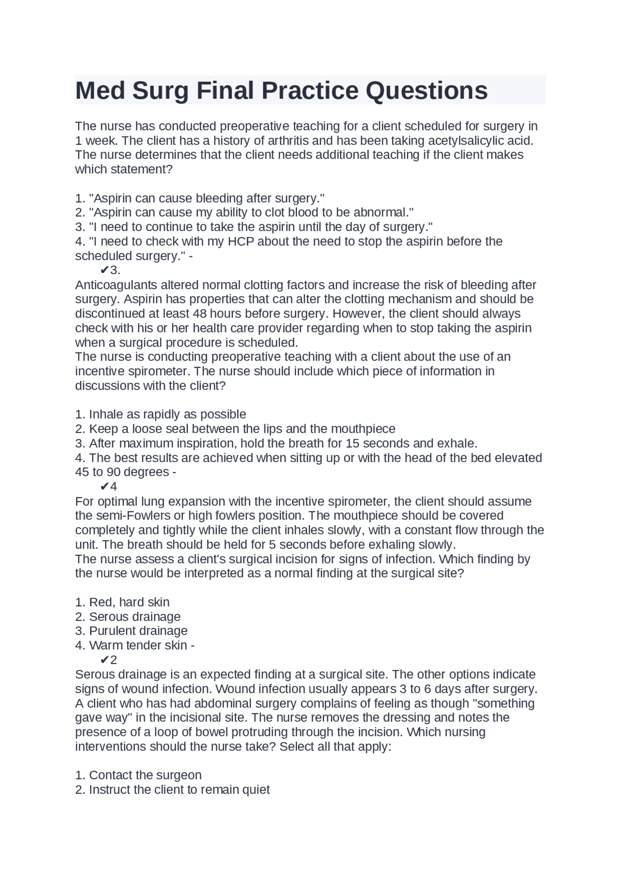 Med Surg Final Practice Questions | Exams Nursing | Docsity