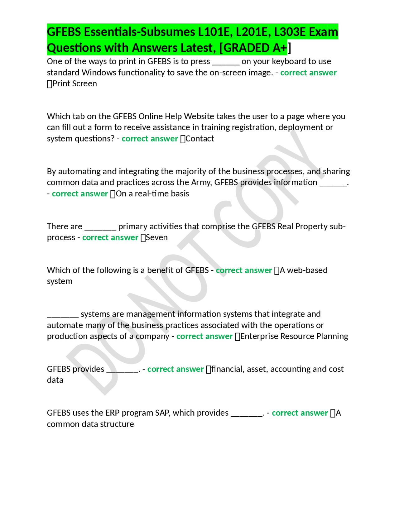 GFEBS Essentials-Subsumes L101E, L201E, L303E Exam Questions with ...