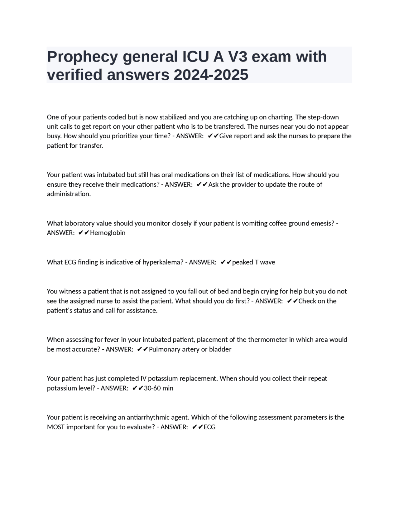 Prophecy general ICU A V3 exam with verified answers 2024-2025 | Exams ...