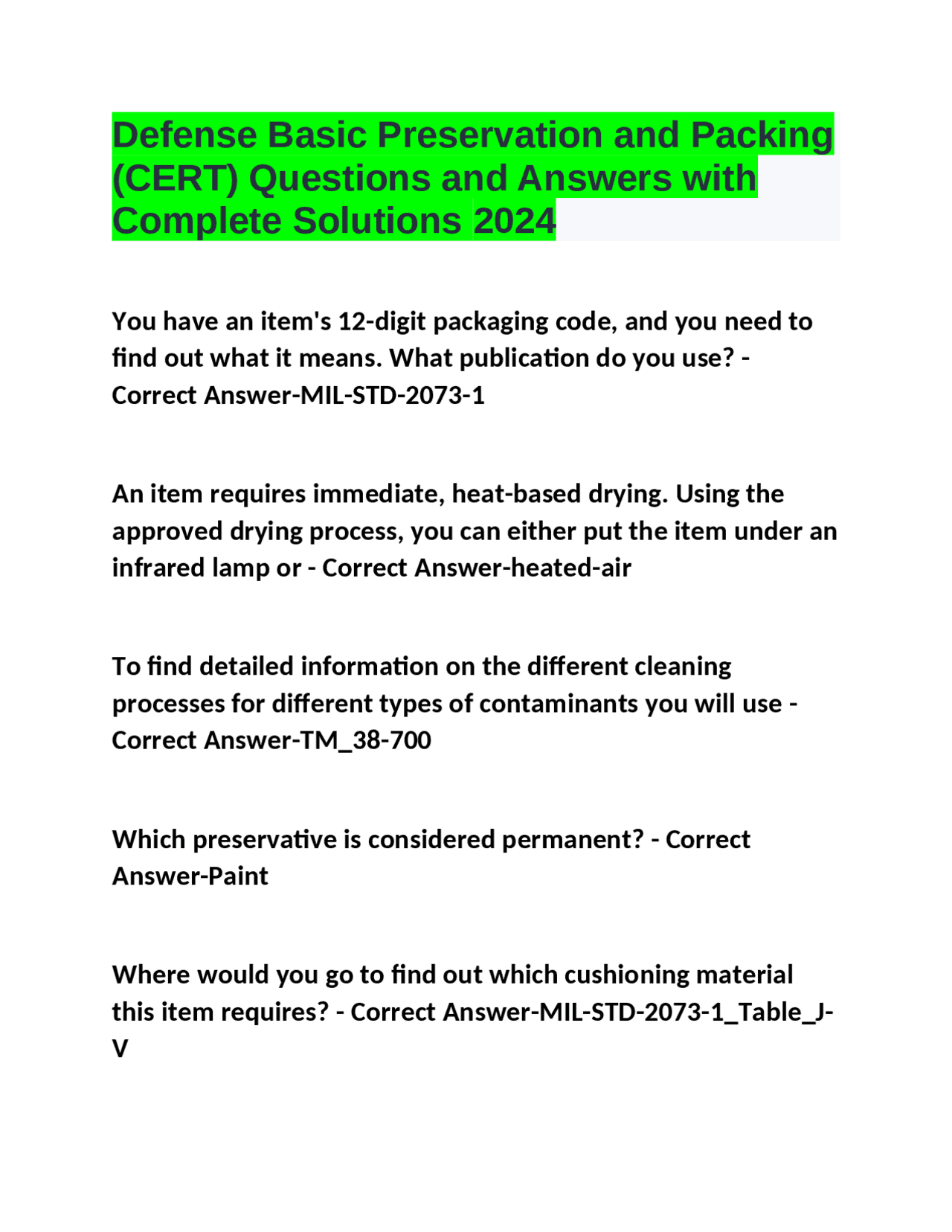 Defense Preservation and Packing (CERT) Exam: Complete Solutions and Practice Questions | Exams ...