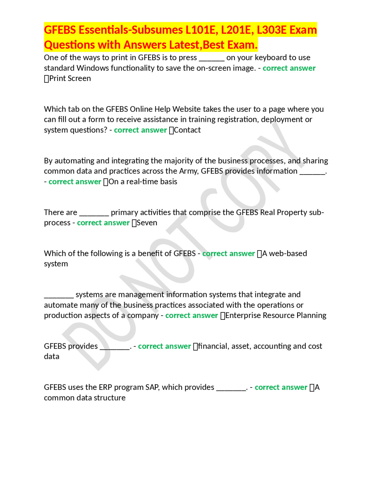 GFEBS Essentials-Subsumes L101E, L201E, L303E Exam Questions with ...