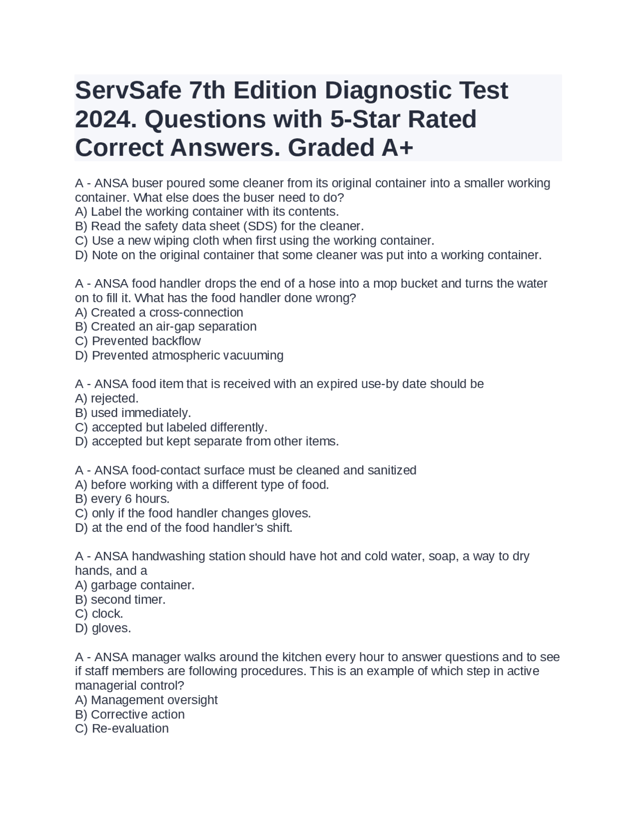 ServSafe 7th Edition Diagnostic Test 2024. Questions with 5-Star Rated ...
