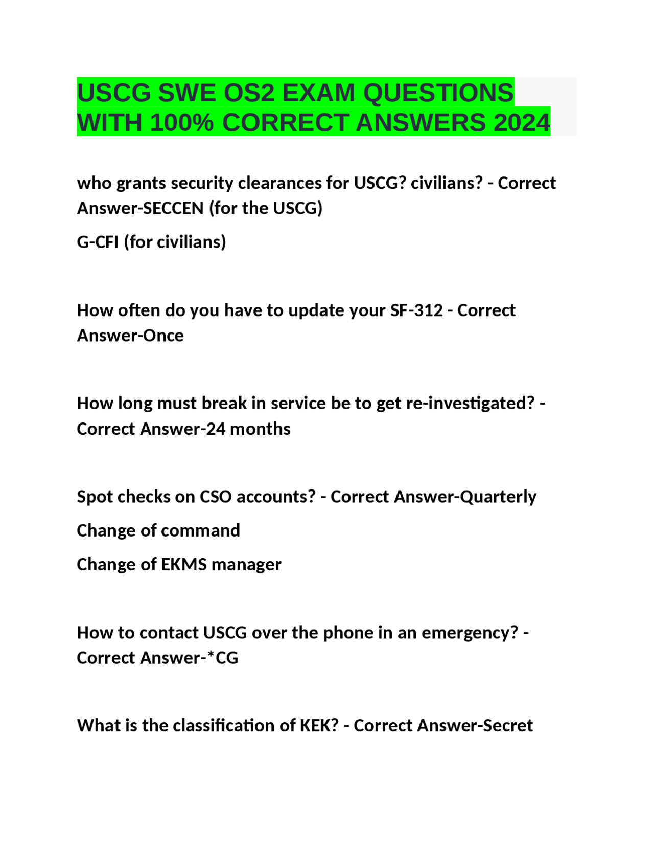 USCG SWE OS2 EXAM QUESTIONS WITH 100% CORRECT ANSWERS 2024 | Exams ...