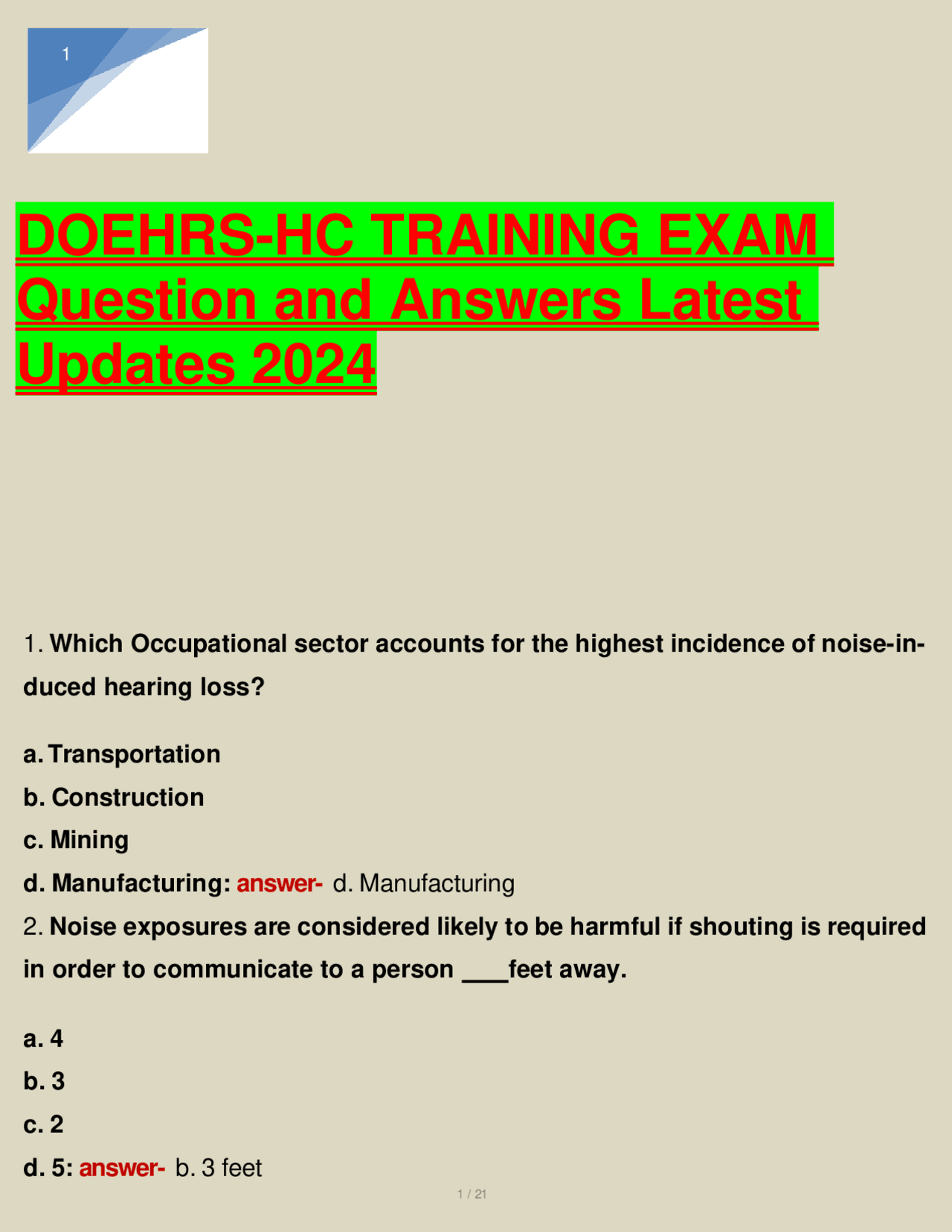 DOEHRS-HC TRAINING EXAM Question and Answers Latest Updates 2024 ...