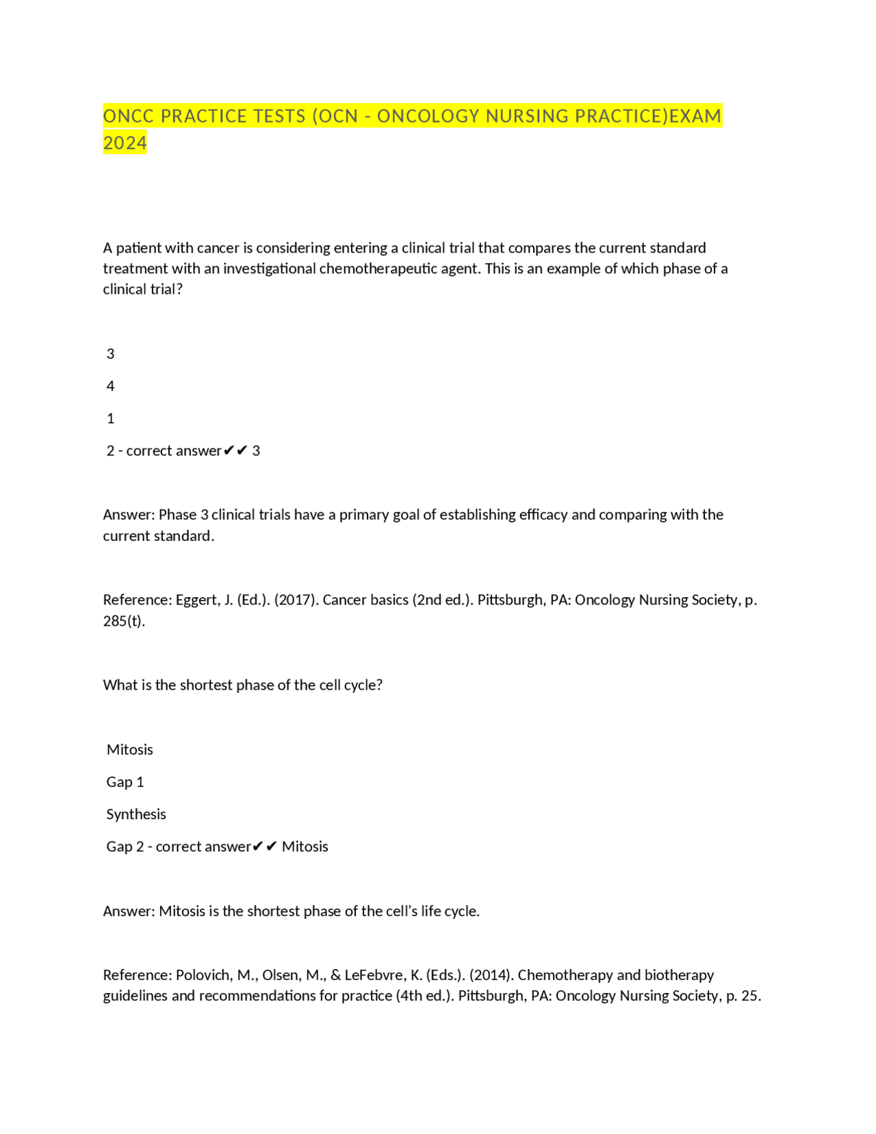 ONCC PRACTICE TESTS (OCN - ONCOLOGY NURSING PRACTICE)EXAM 2024 | Exams ...