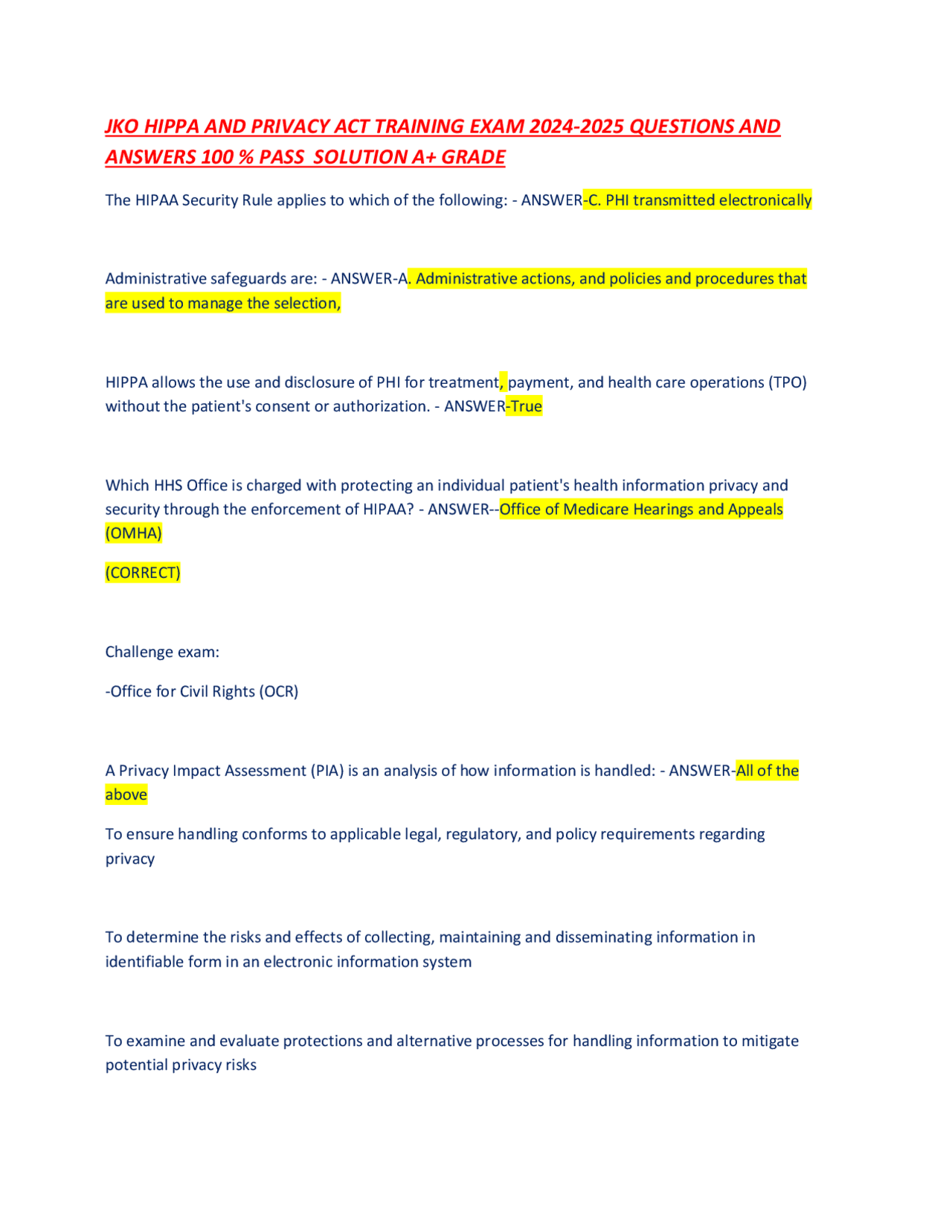 JKO HIPPA AND PRIVACY ACT TRAINING EXAM 2024.pdf | Exams Public Health ...