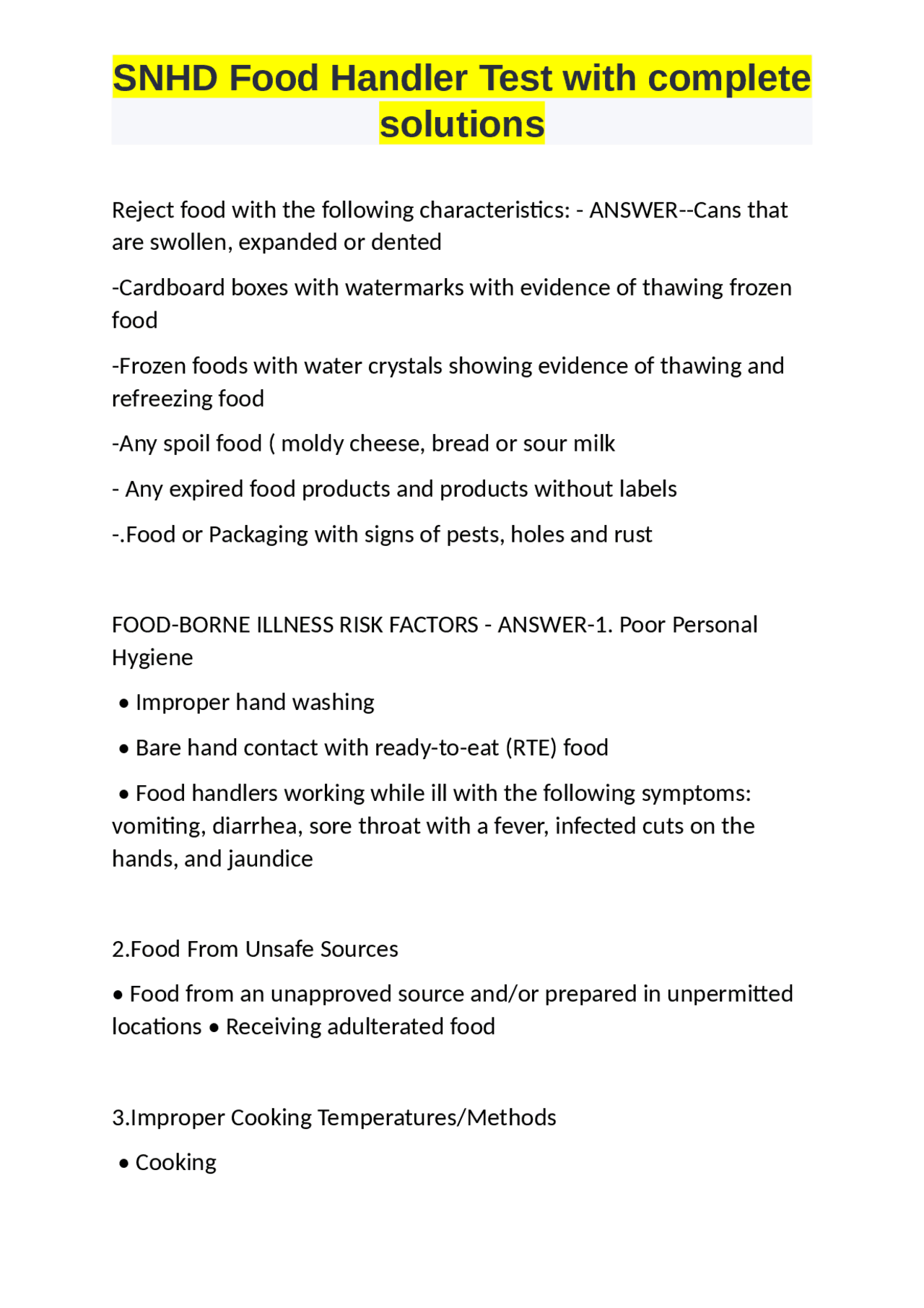 SNHD Food Handler Test with complete solutions | Exams Food science ...