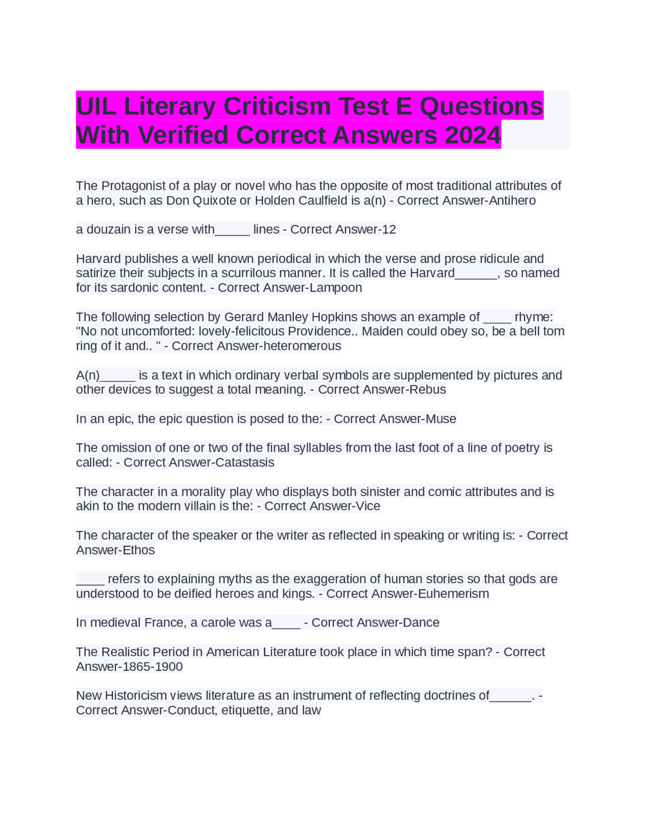 UIL Literary Criticism Test E Questions With Verified Correct Answers ...