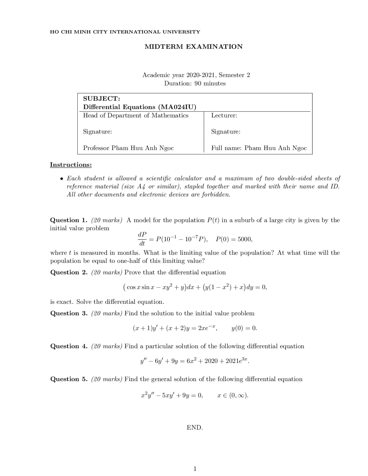 Differential Equations Midterm Examination | Exams Mathematical finance | Docsity