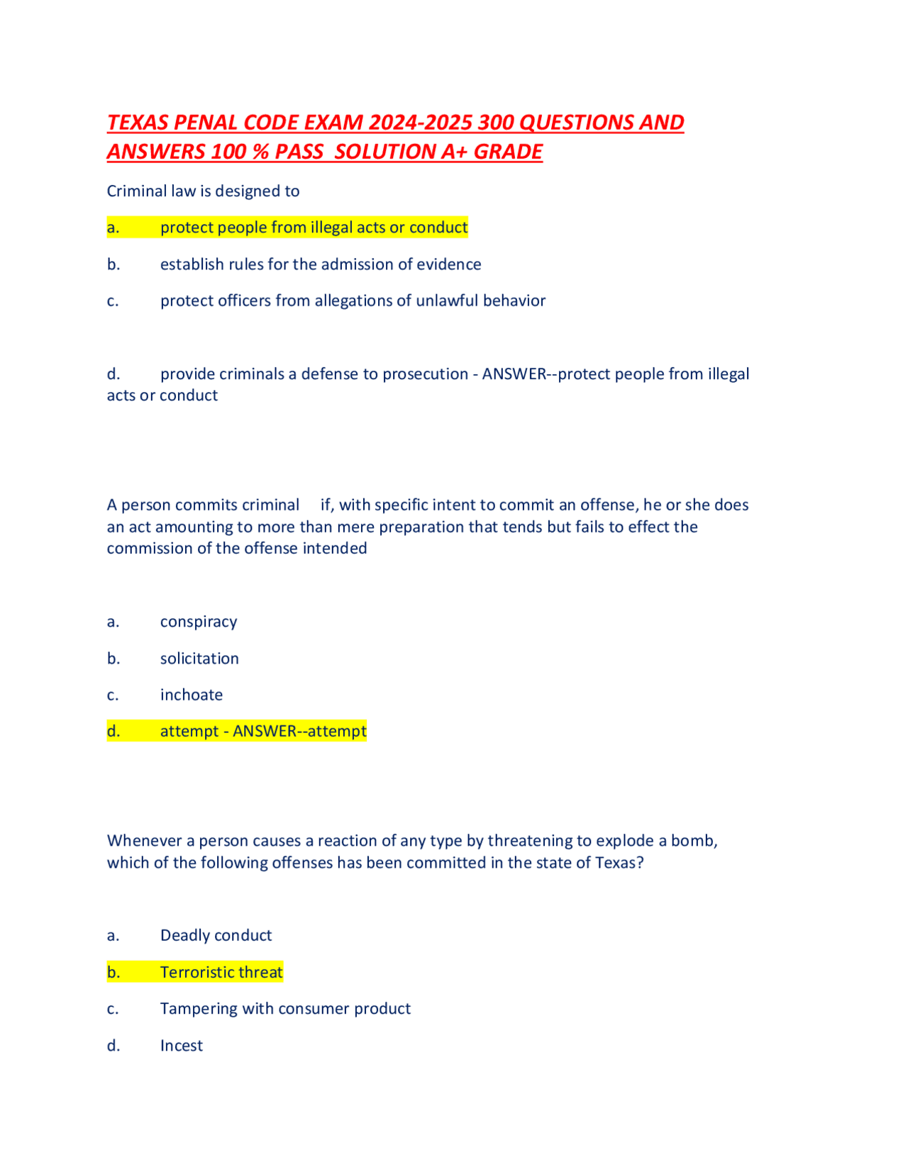 TEXAS PENAL CODE EXAM 2024-2025 300 QUESTIONS AND ANSWERS 100 % PASS ...