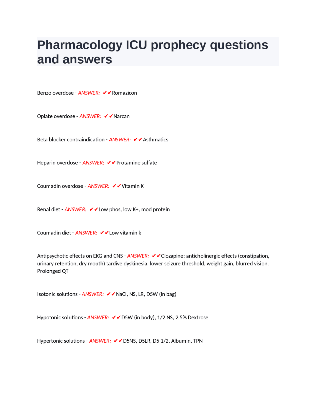 Pharmacology ICU prophecy questions and answers | Exams Nursing | Docsity