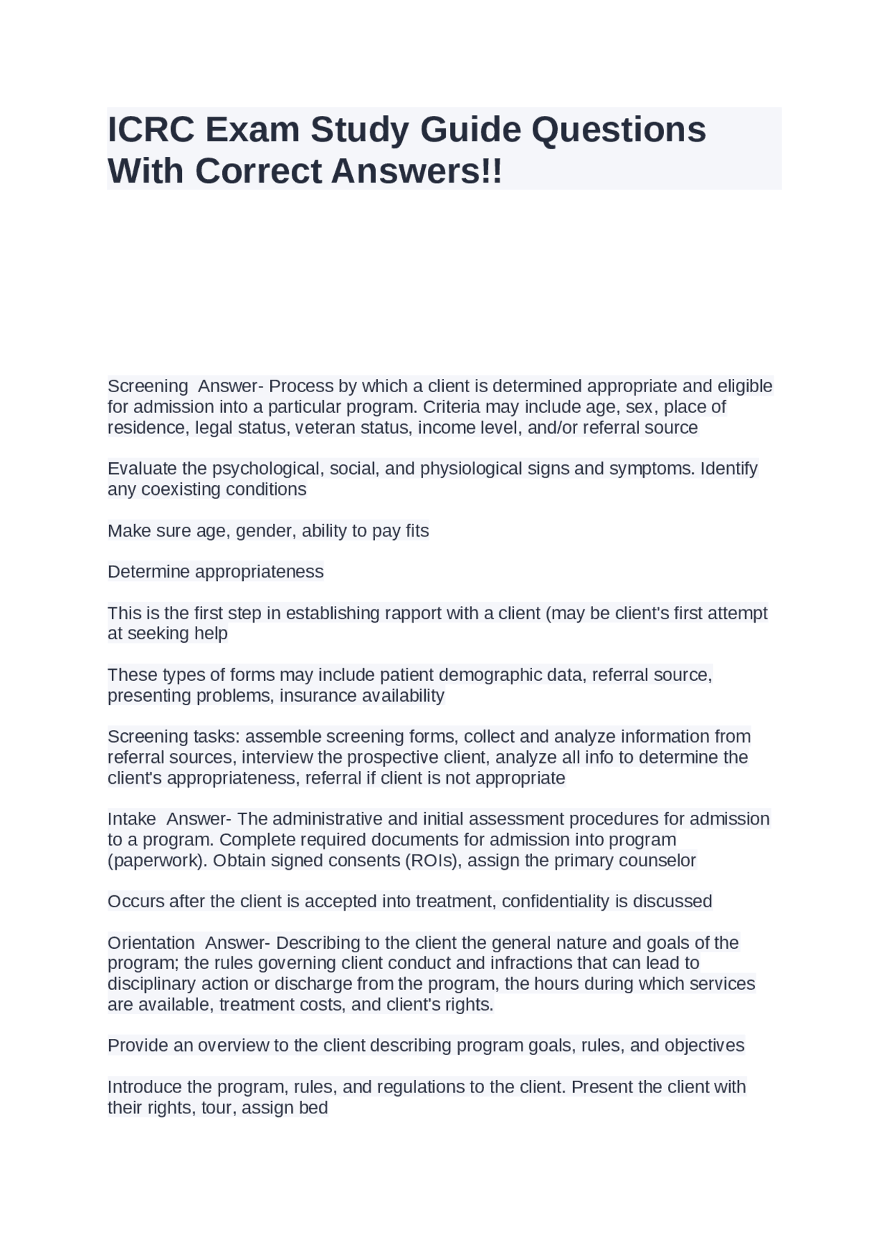 ICRC Exam Study Guide Questions With Correct Answers!! | Exams Nursing ...